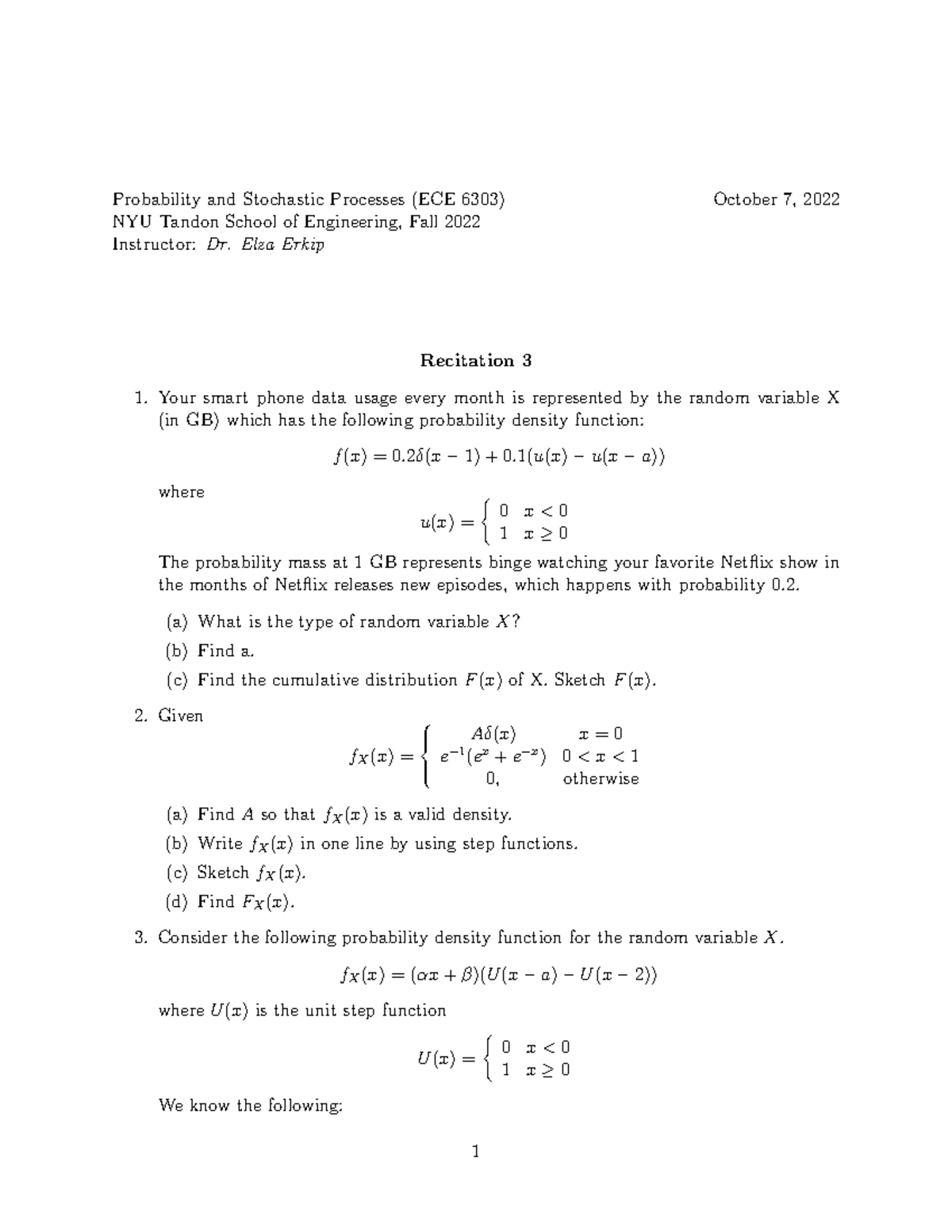 REC3 - hqd9whq9dqh8dq - Probability and Stochastic Processes (ECE 6303) October 7, 2022 NYU ...