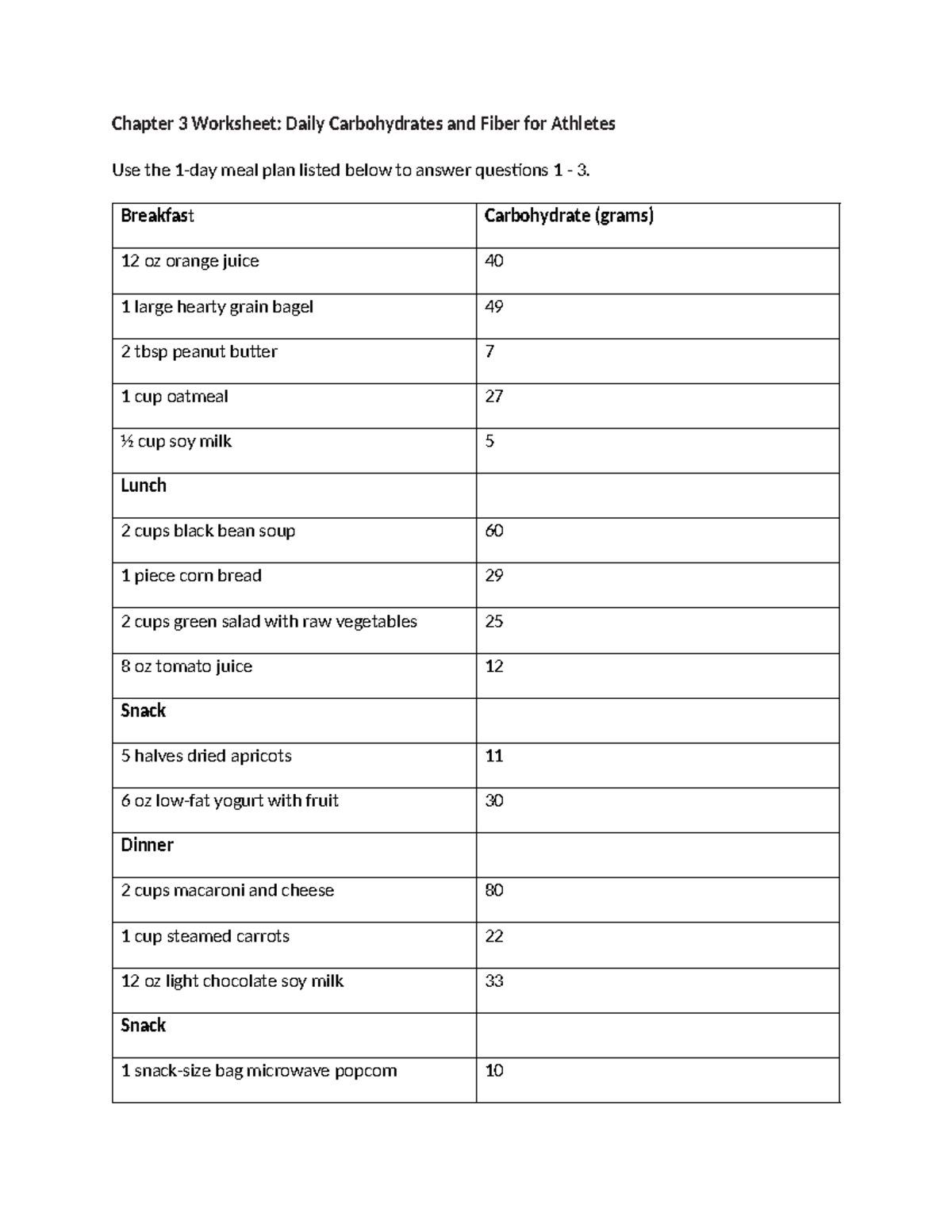 CHO worksheet - Chapter 3 Worksheet: Daily Carbohydrates and Fiber for ...