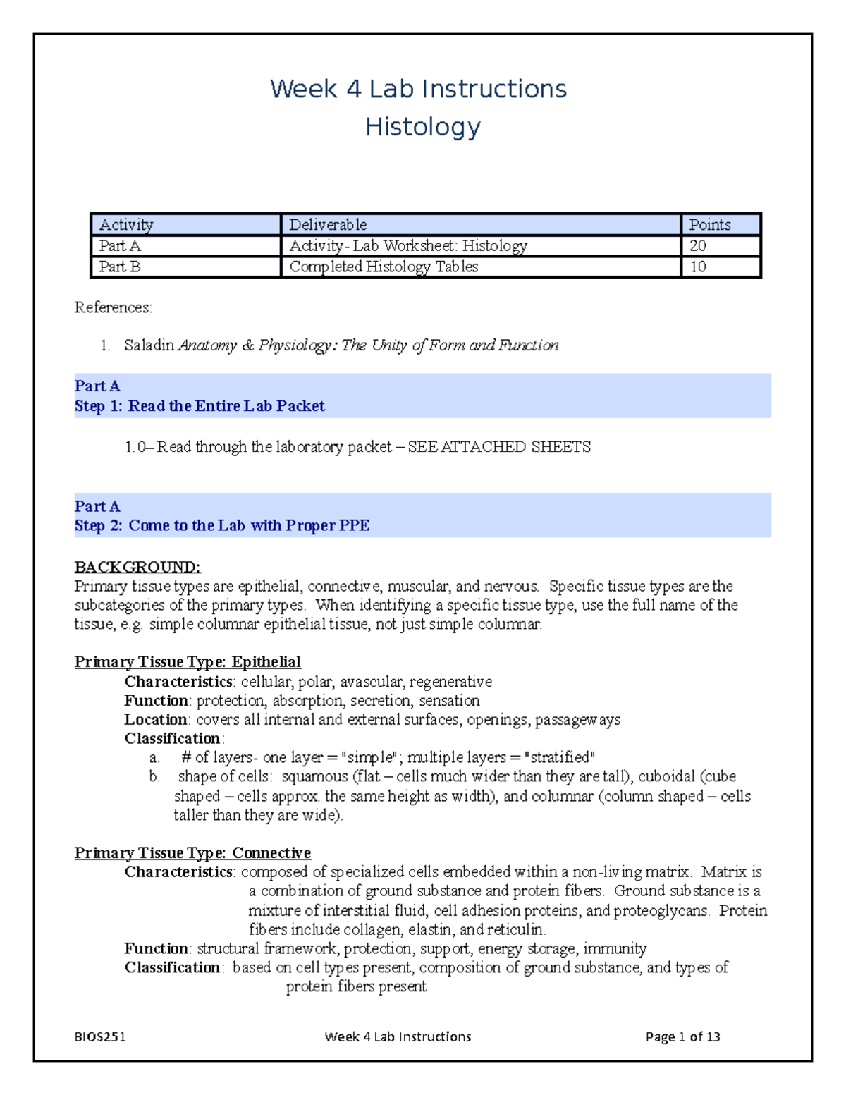BIOS251 W4 Lab - LAB WORK - Week 4 Lab Instructions Histology Activity Deliverable Points Part A ...
