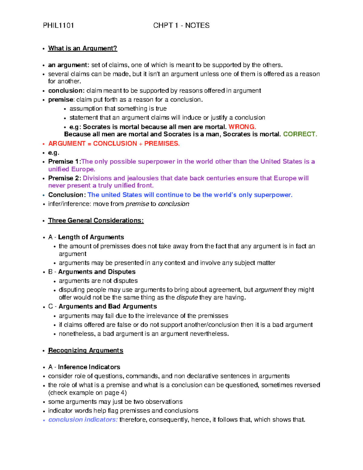 Summary - chapter 1+2 - PHIL1101 CHPT 1 NOTES What is an Argument? an ...