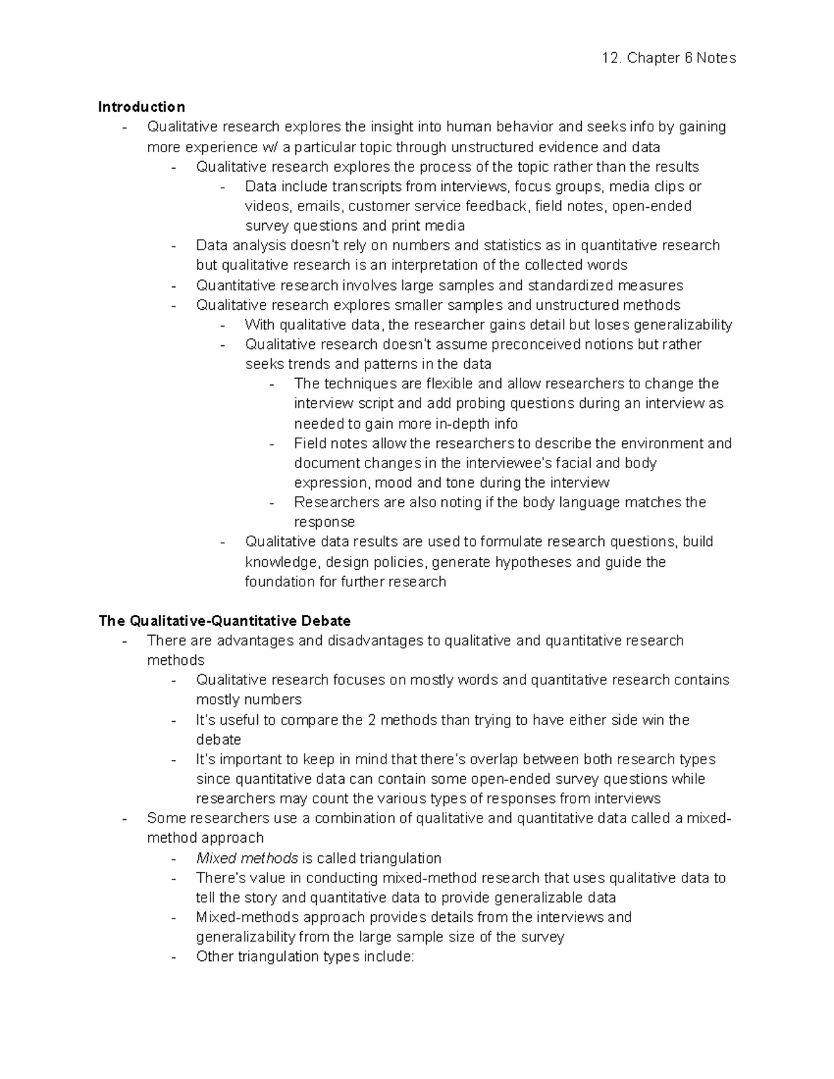 12. Chapter 6 Notes - Introduction - Qualitative research explores the ...