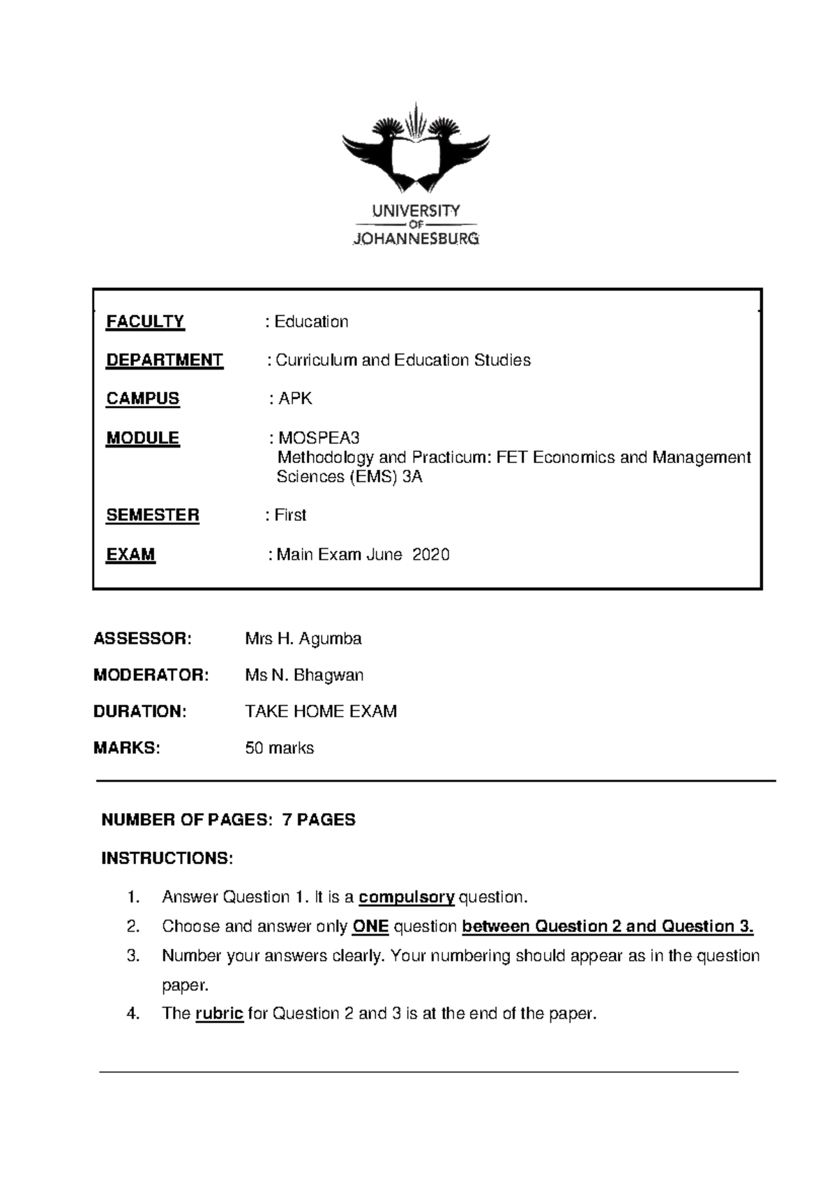 Uj 40388+ Source 1+ Source 1 - FACULTY : Education DEPARTMENT ...
