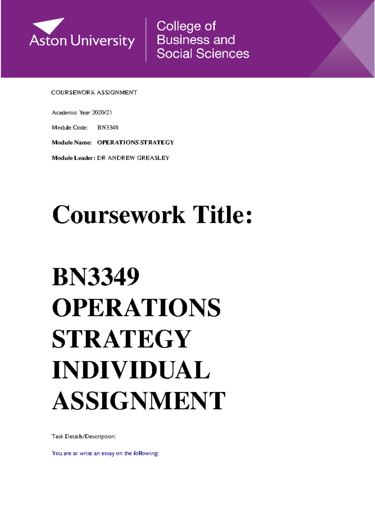 BN3349 Assignment 2021 - Academic Year 2020/ Module Code: BN Module ...