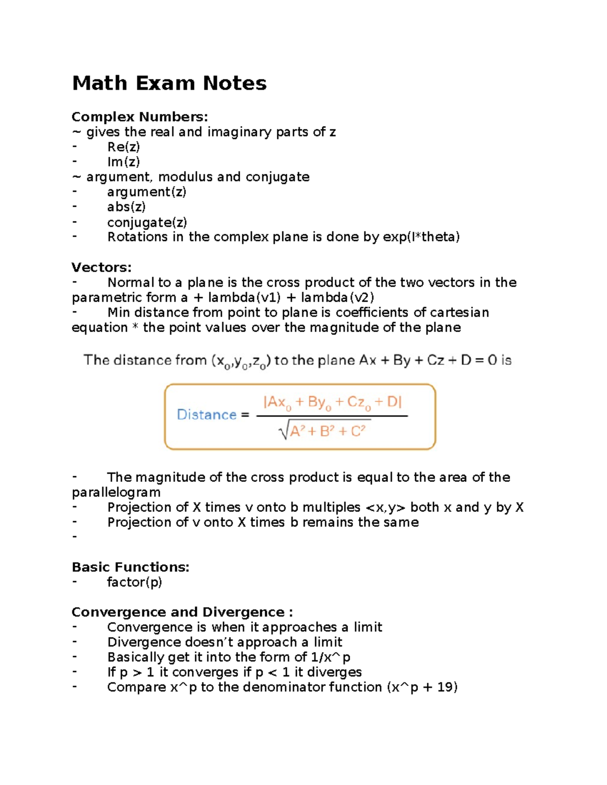 Math Exam Notes - Math Exam Notes Complex Numbers: ~ gives the real and ...
