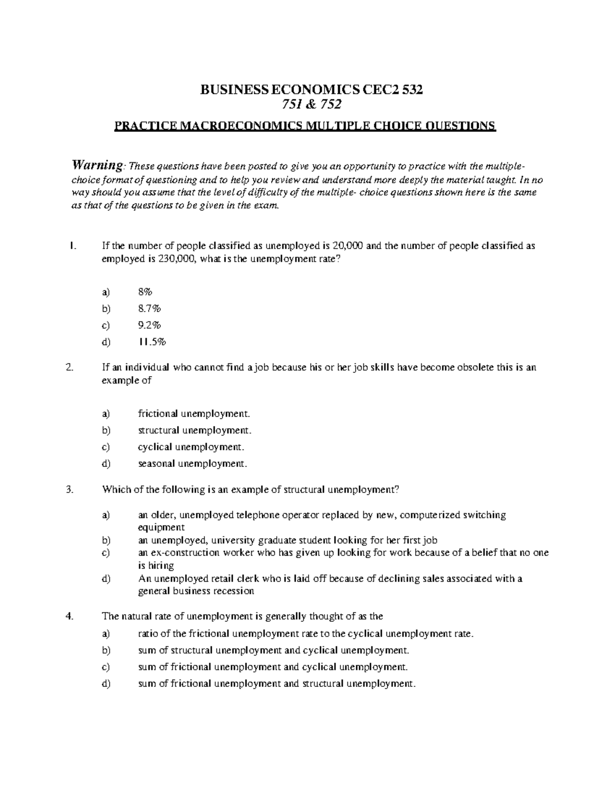 Part 2 practice questions - BUSINESS ECONOMICS CEC2 532 751 & 7 52 ...