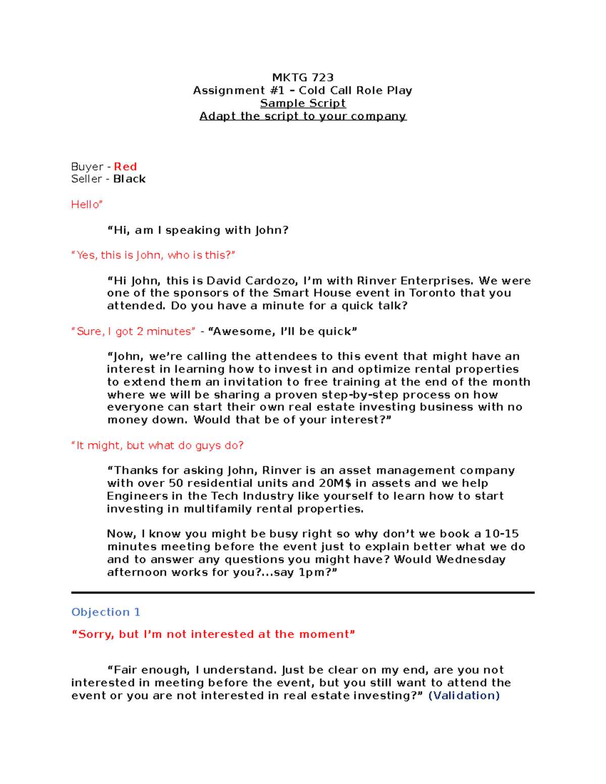 MKTG 723 - Cold Calling Script - MKTG 723 Assignment #1 – Cold Call ...