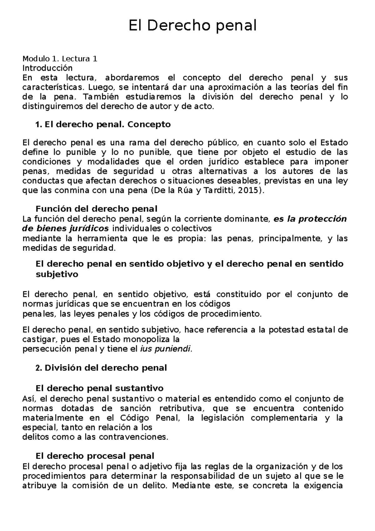 Modulo 1 lectura 1. - El Derecho penal Modulo 1. Lectura 1 Introducción En esta lectura ...