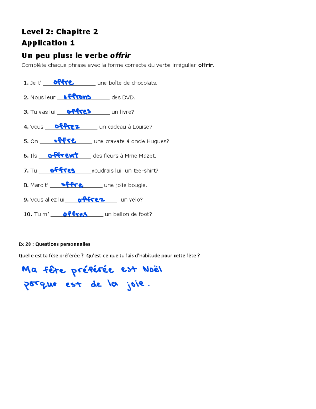French 2 - Annotated Worksheet - Level 2: Chapitre 2 Application 1 Un ...