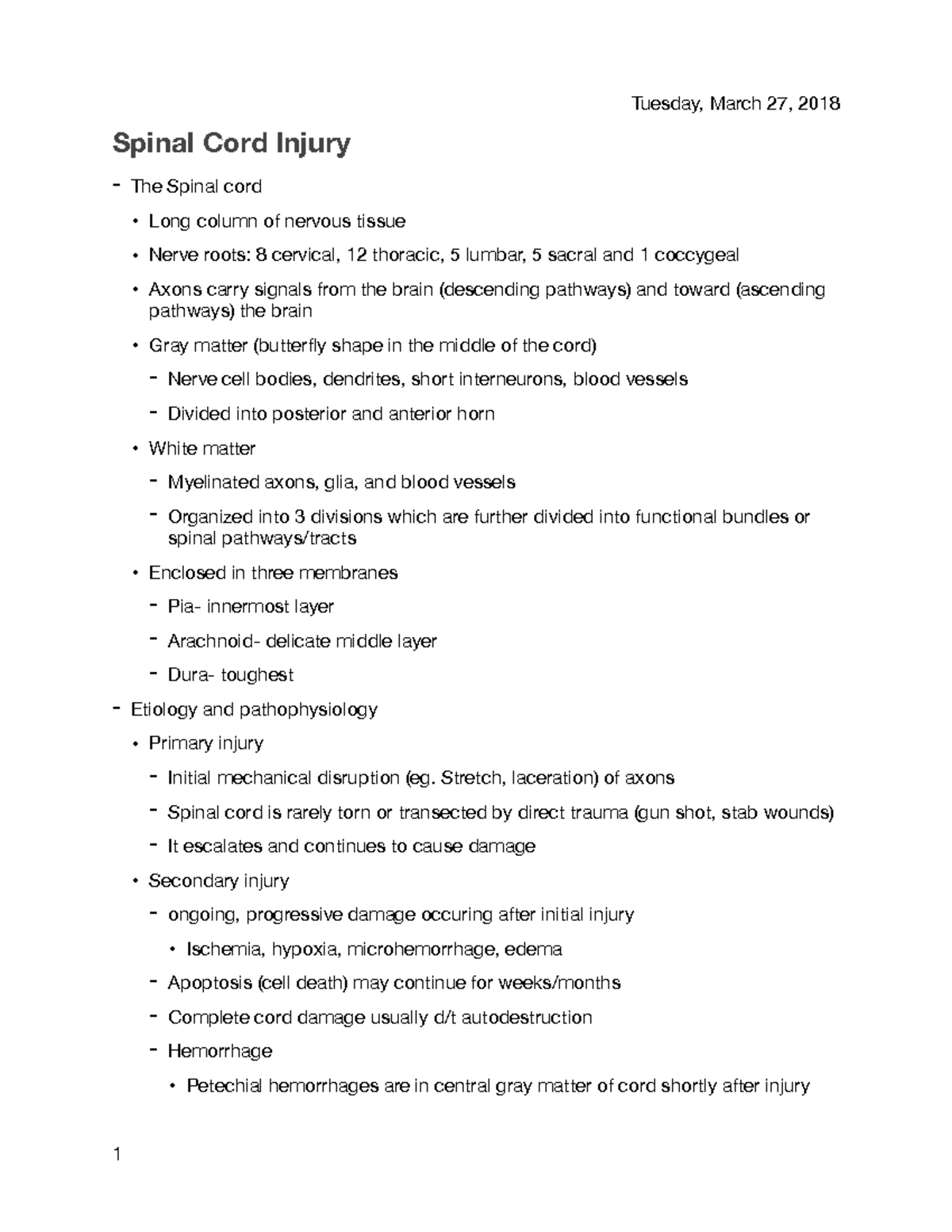 Spinal Cord Notes - Dr Rickeard - Tuesday, March 27, 2018 Spinal Cord ...