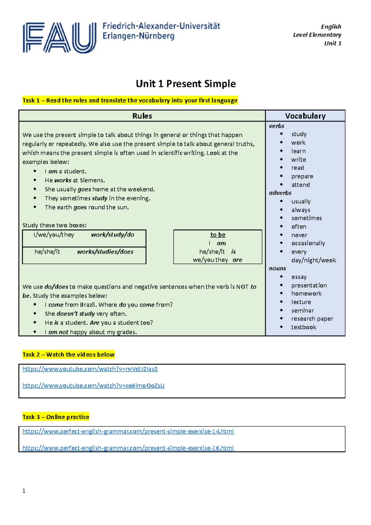 Unit 1 Present Simple - Level Elementary Unit 1 Unit 1 Present Simple Task 1 – Read the rules ...