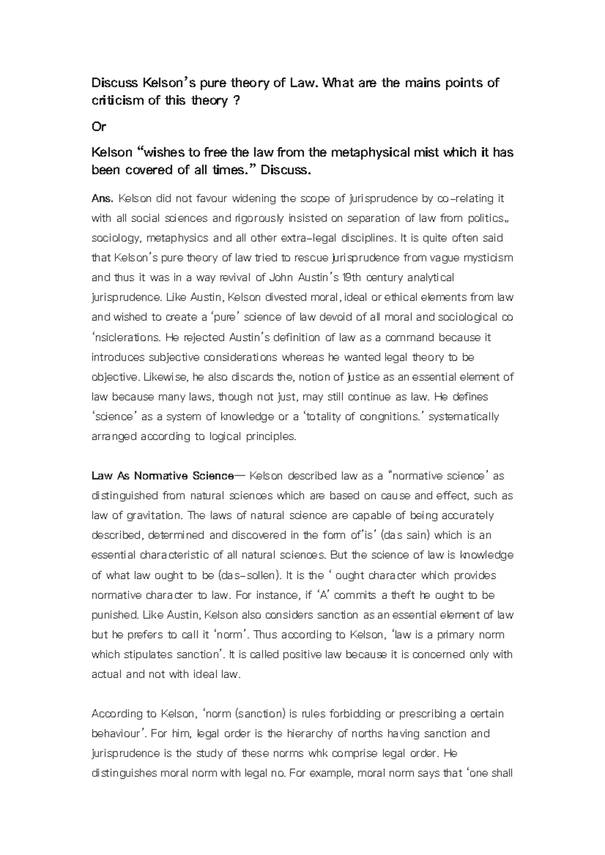 Question on Hans Kelsen Pure Theory of law - Discuss Kelson’s pure ...