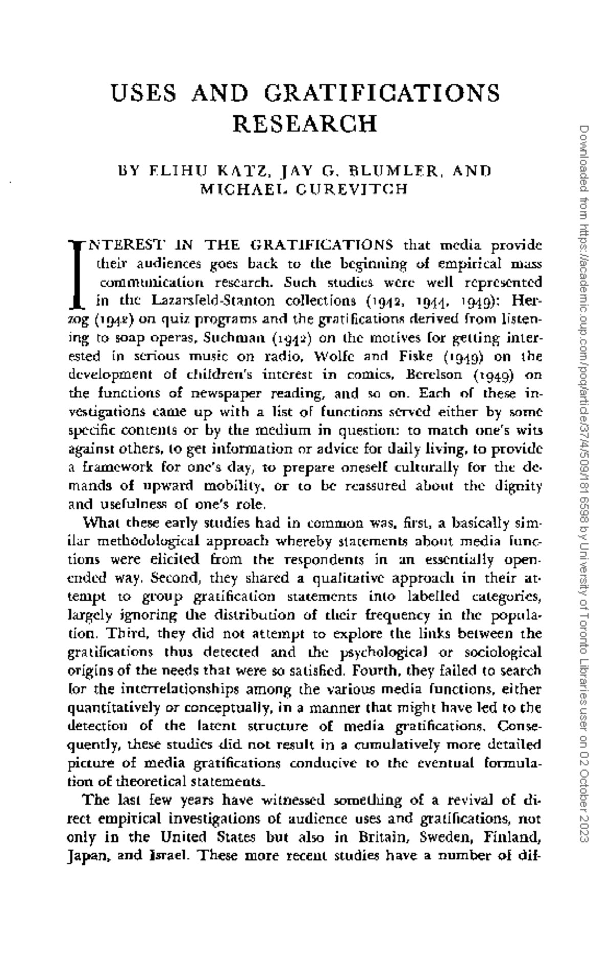 Gratification theory - USES AND GRATIFICATIONS RESEARCH BY ELIHU KATZ, JAY G. BLUMLER, AND ...