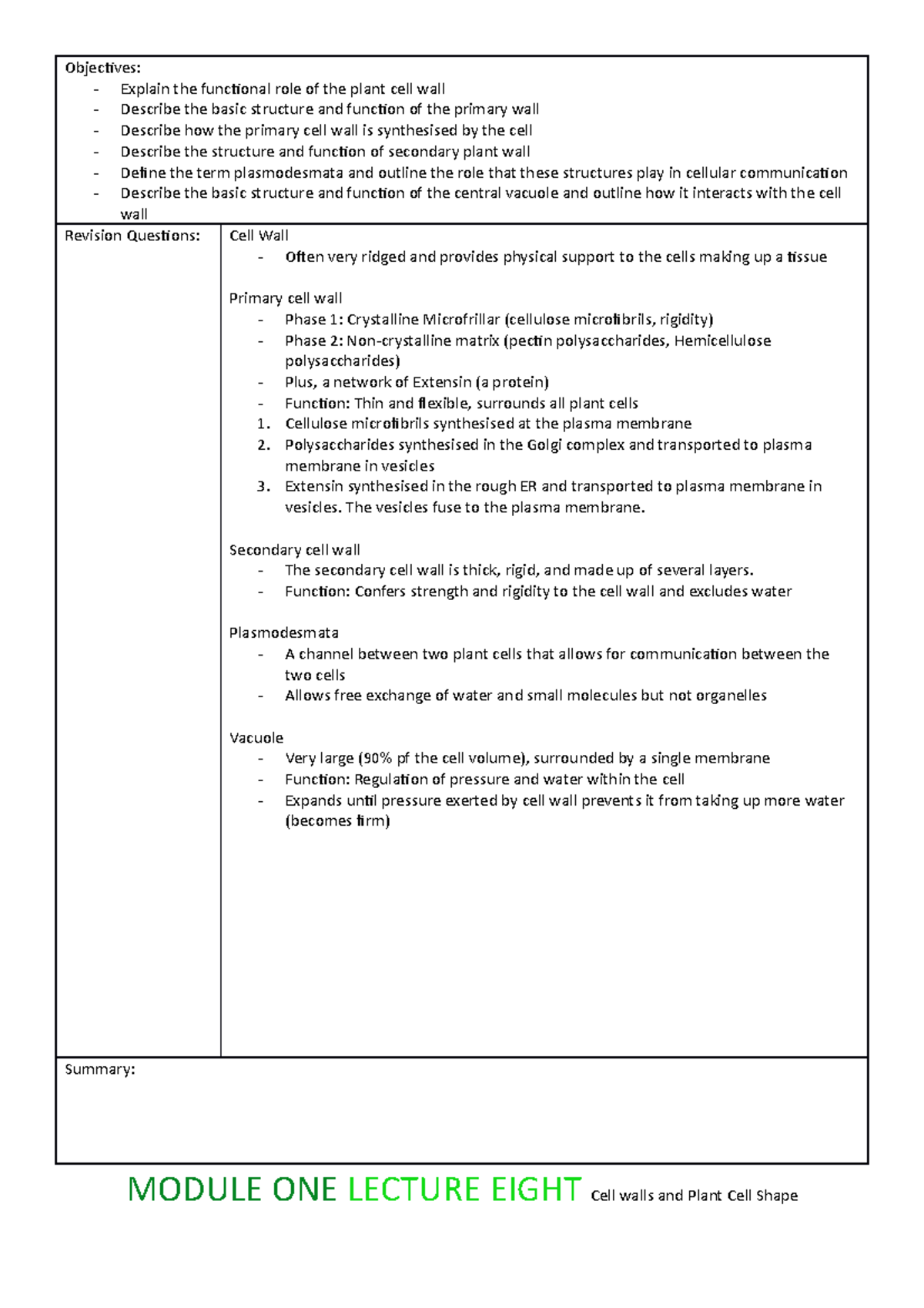 Module 1 Lecture 8 - Cells walls and plant cell shape - Objectives: - Explain the functional ...