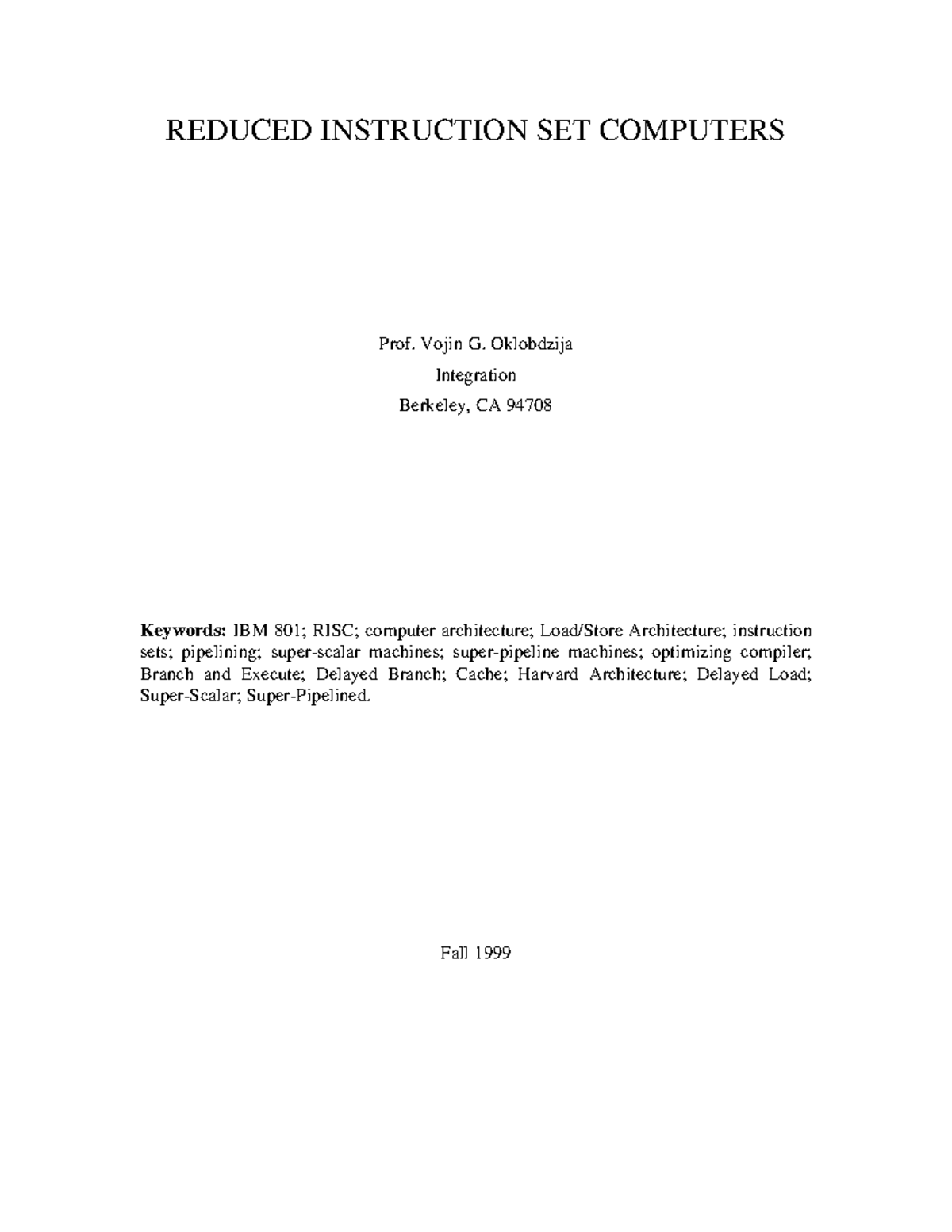 RISC-Chaptr - REDUCED INSTRUCTION SET COMPUTERS Prof. Vojin G ...