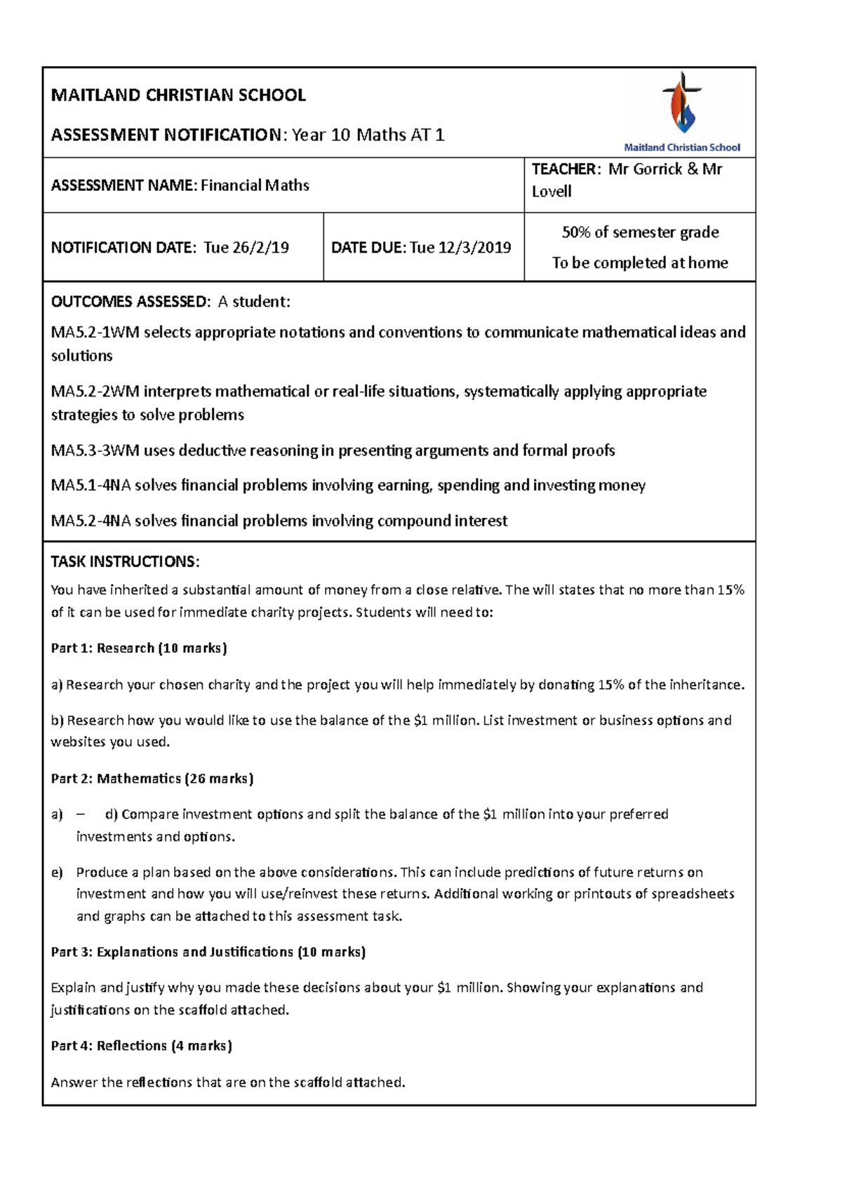Year 10 AT 1 2020 - Assignement - MAITLAND CHRISTIAN SCHOOL ASSESSMENT ...