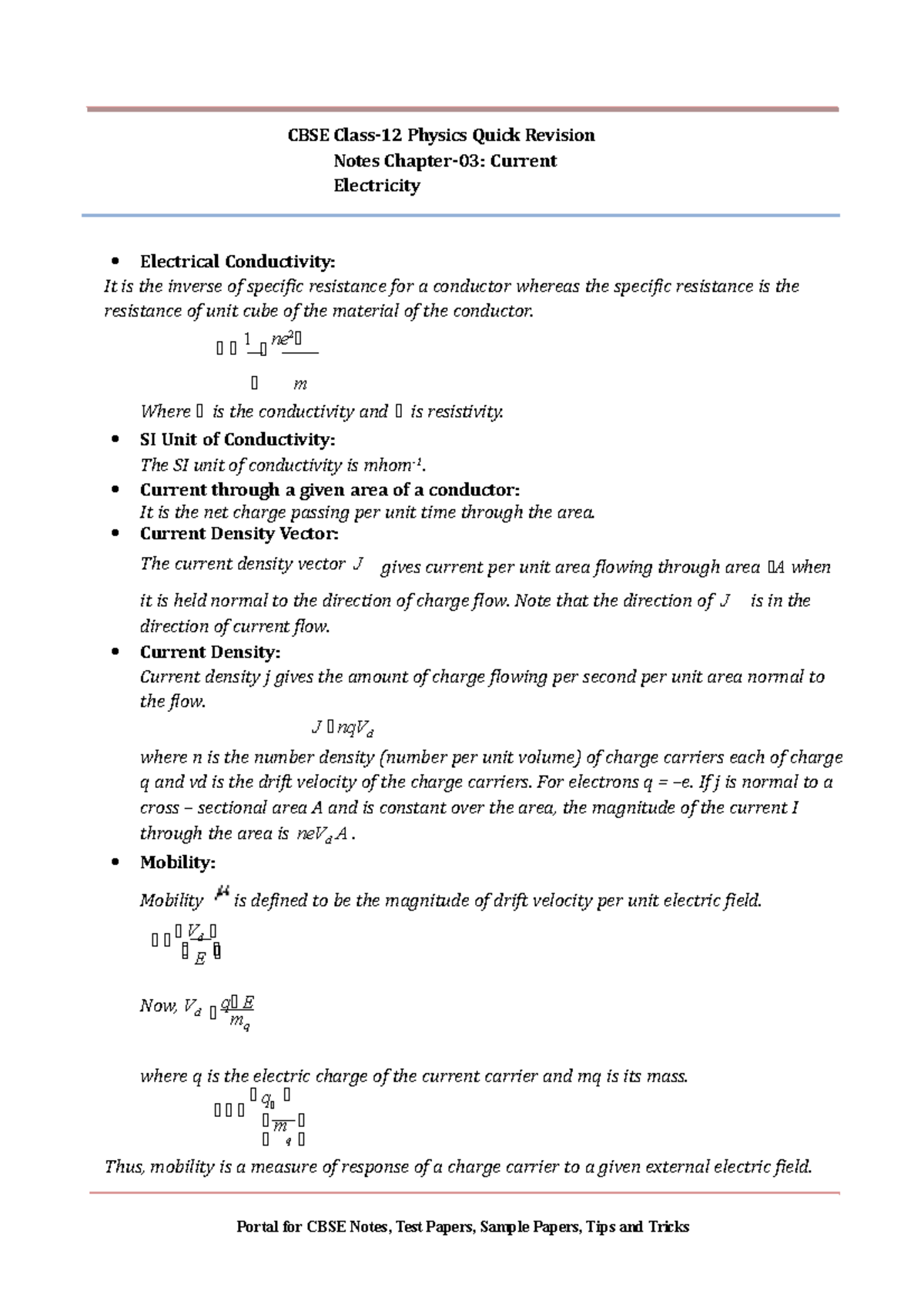 12 physics notes ch03 current electricity - CBSE Class-12 Physics Quick ...