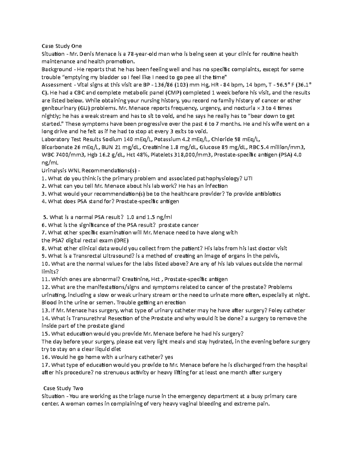 Case study week 10 - Med surg case studies - Case Study One Situation ...