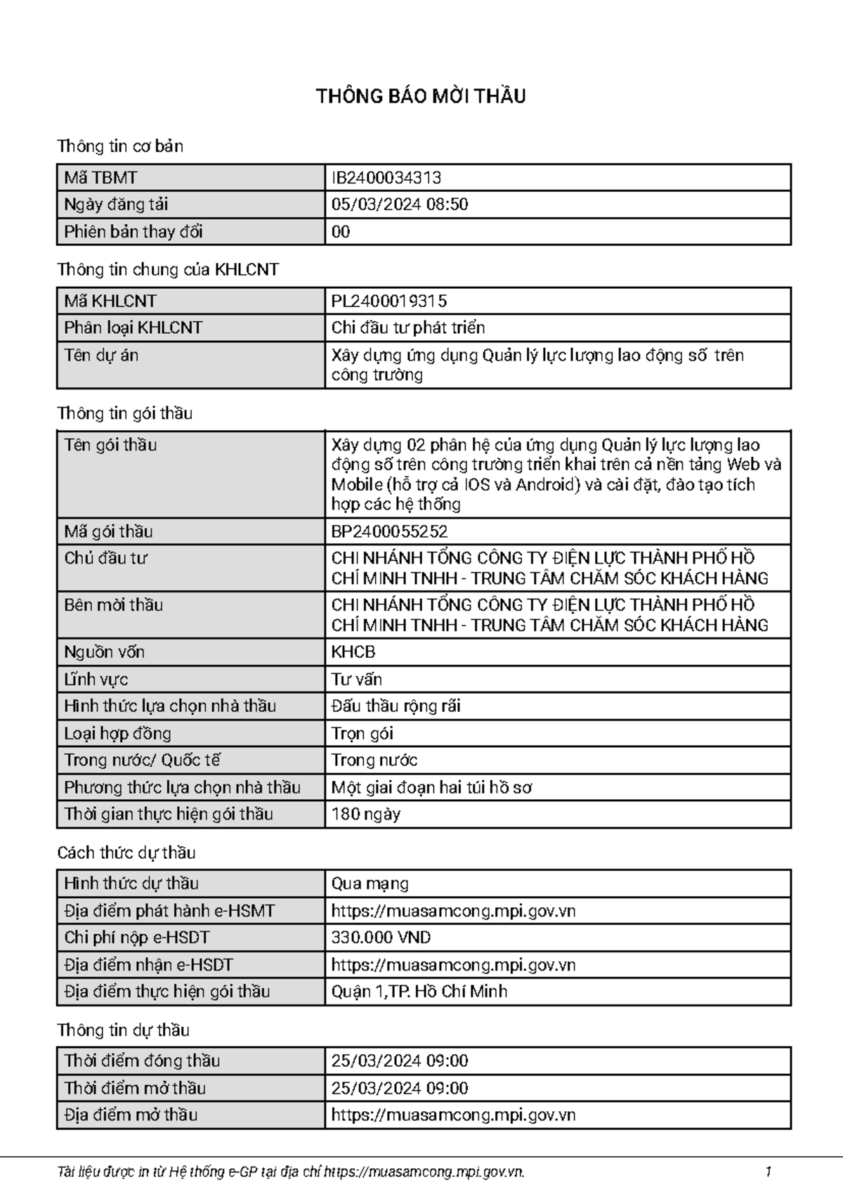 Thông báo mời thầu - THÔNG BÁO MỜI THẦU Thông tin cơ bản Mã TBMT IB Ngày đăng tải 05/03/2024 ...