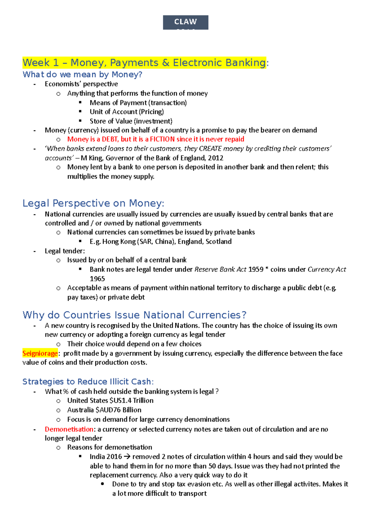 CLAW 3210 Notes - full lecture notes - Week 1 – Money, Payments ...