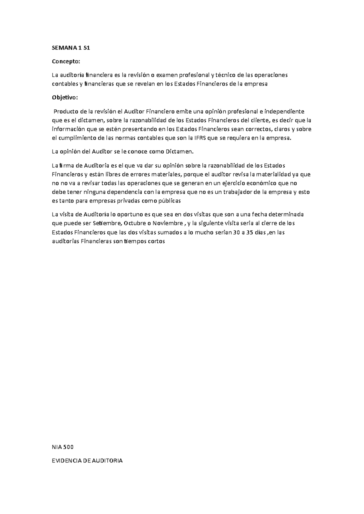 NIA 501 - SEMANA 1 S 1 Concepto: La auditoría financiera es la revisión ...