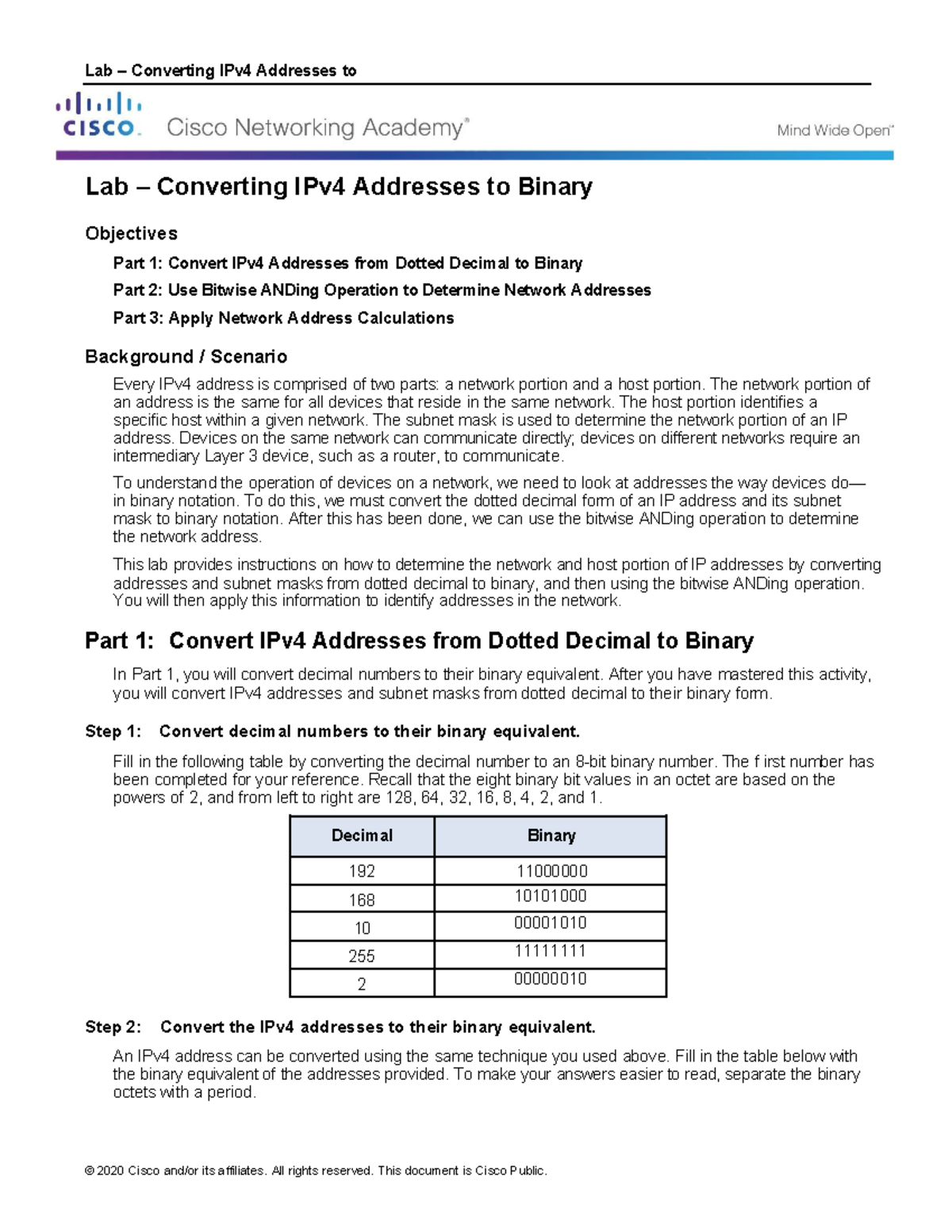 Lab 11 Converting Ipv4 Addresses To Binary Binary Lab Converting 9622