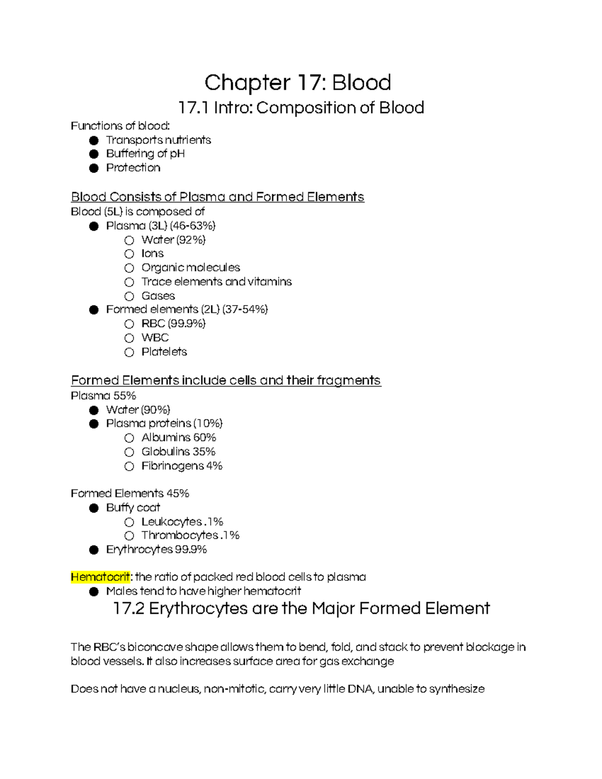 Chapter 17 Lecture Notes - Chapter 17: Blood 17 Intro: Composition of ...