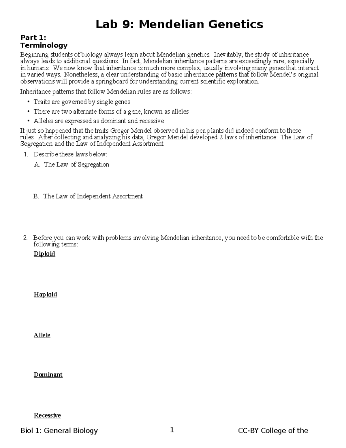 Lab 9 Mendelian Genetics Online - Biol 1: General Biology 1 CC-BY College of the Part 1 ...