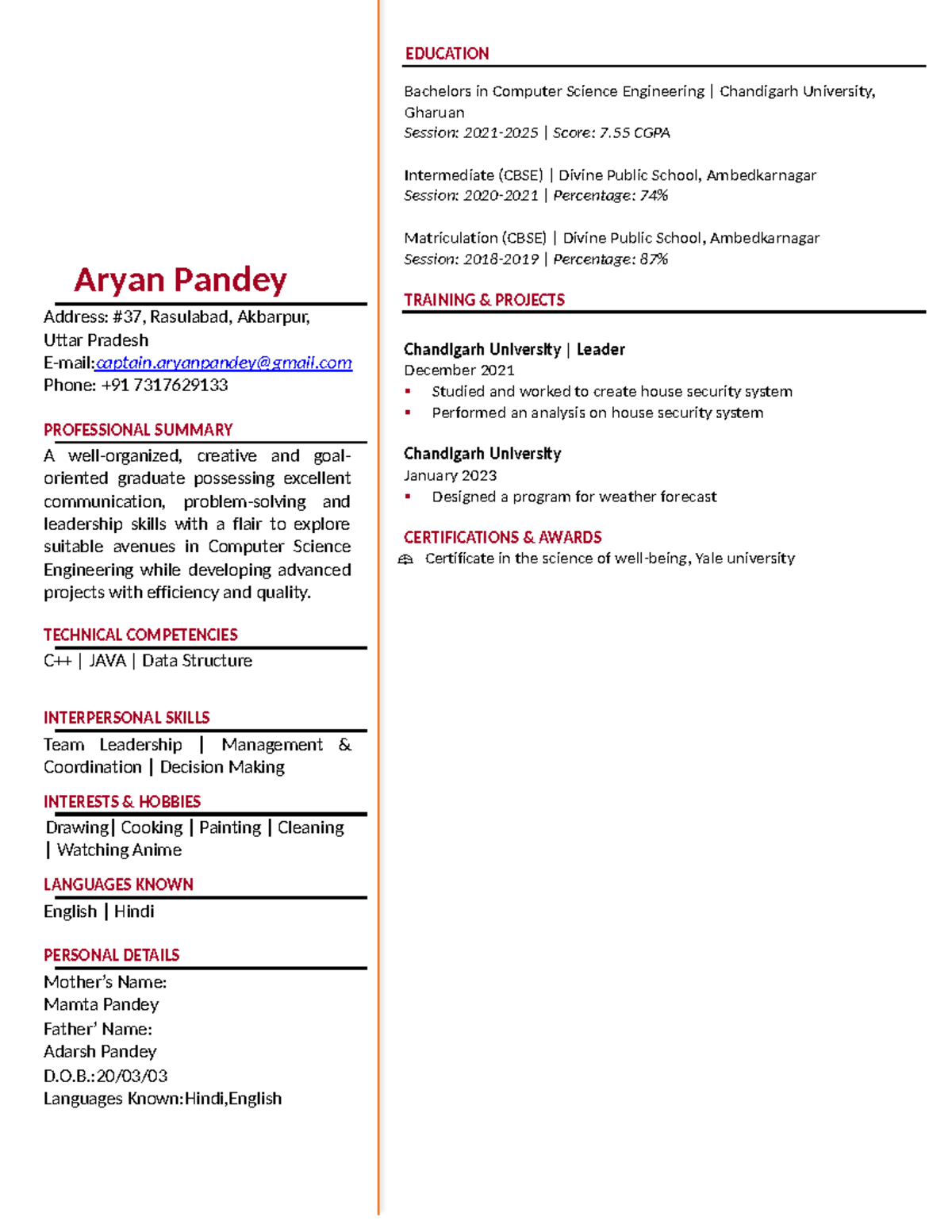 Sample Resume Format BE - EDUCATION Bachelors in Computer Science ...