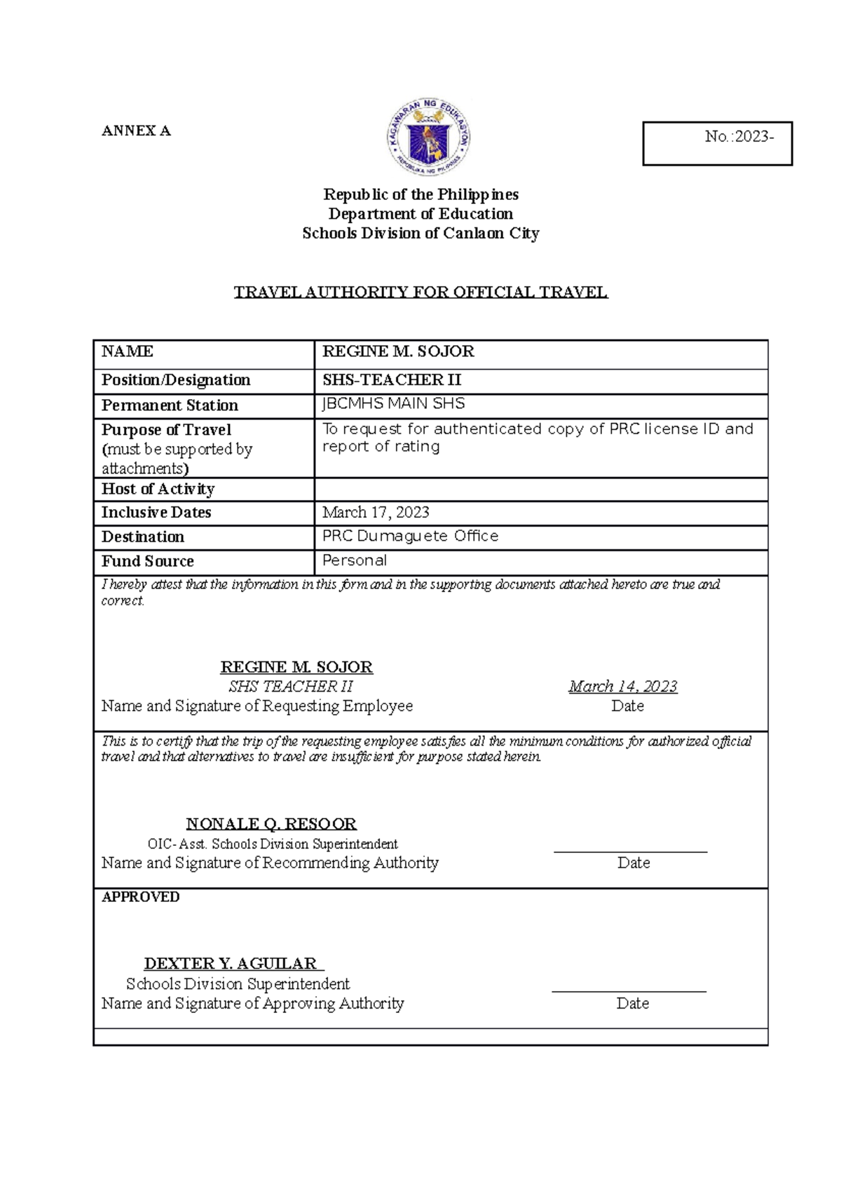 NEW Travel Order OF teacher 2023 outside division - ANNEX A Republic of ...