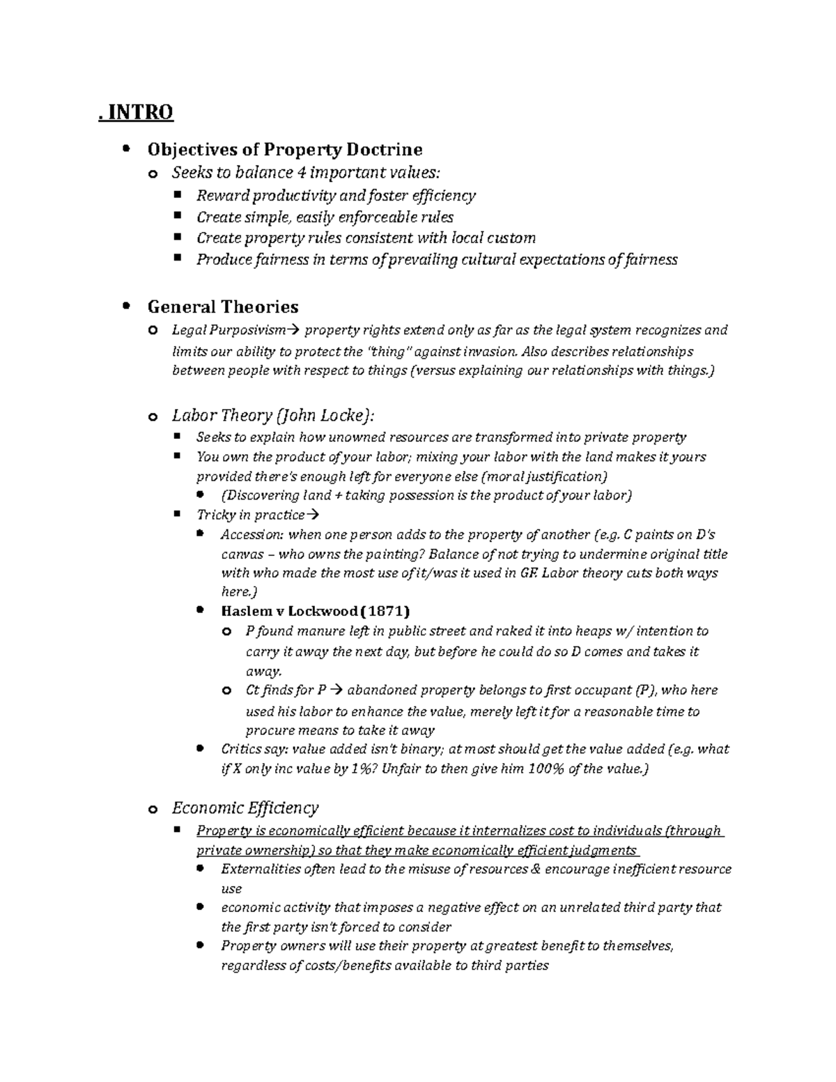 Property Law Outline - 3 - . INTRO Objectives of Property Doctrine o ...