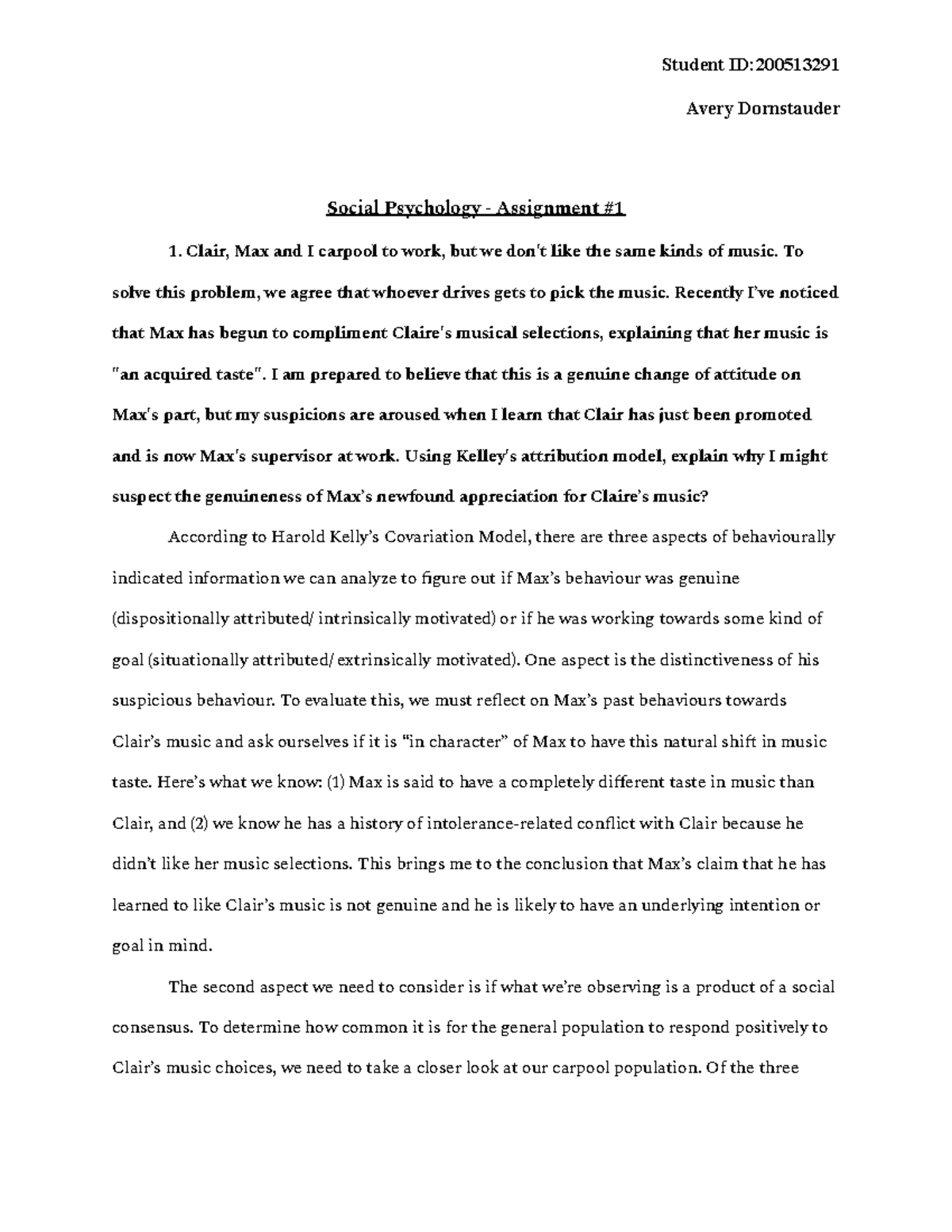 Social Psychology- Assignment #1 Response - Student ID: Avery ...