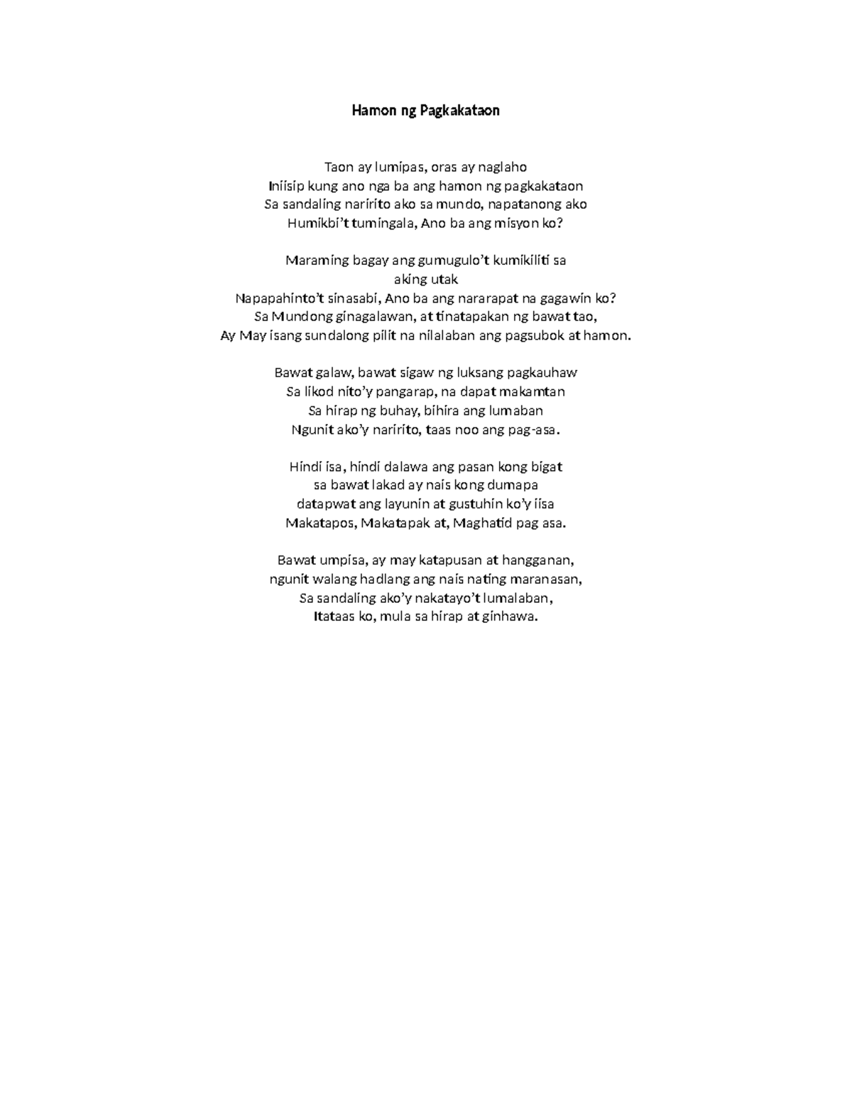 Tulang pang filipino - Hamon ng Pagkakataon Taon ay lumipas, oras ay ...