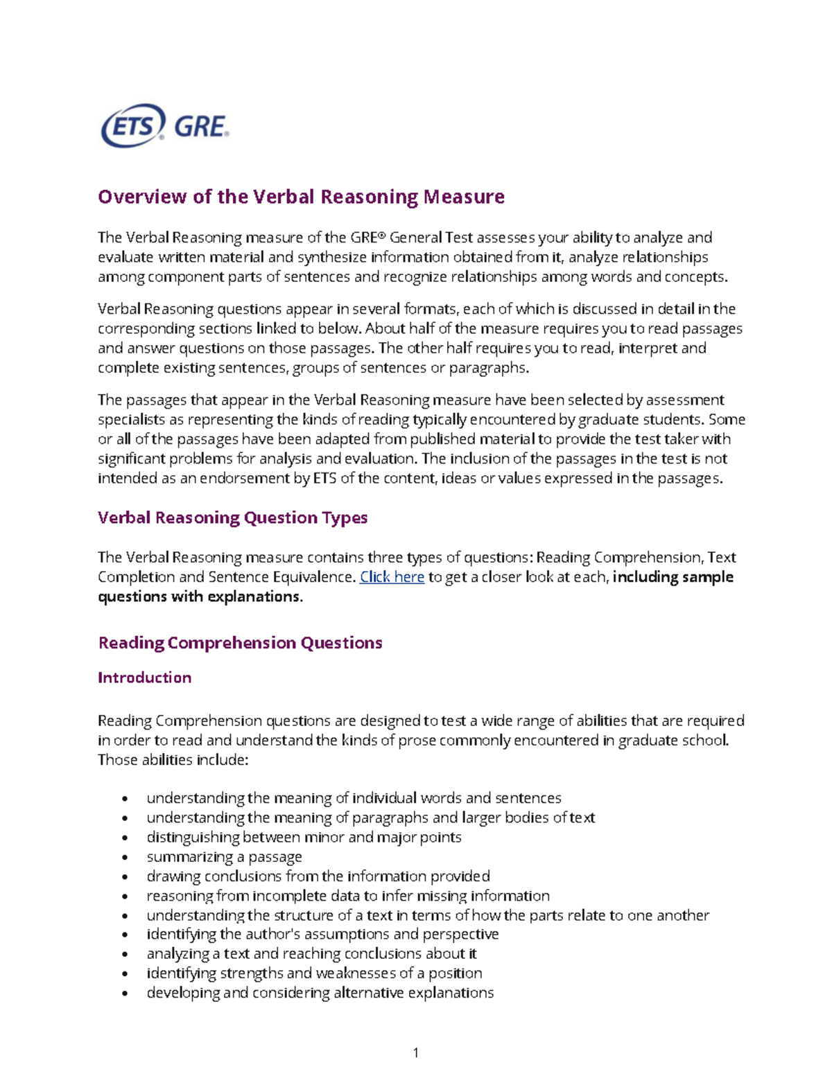 English sample practice - Overview of the Verbal Reasoning Measure The ...