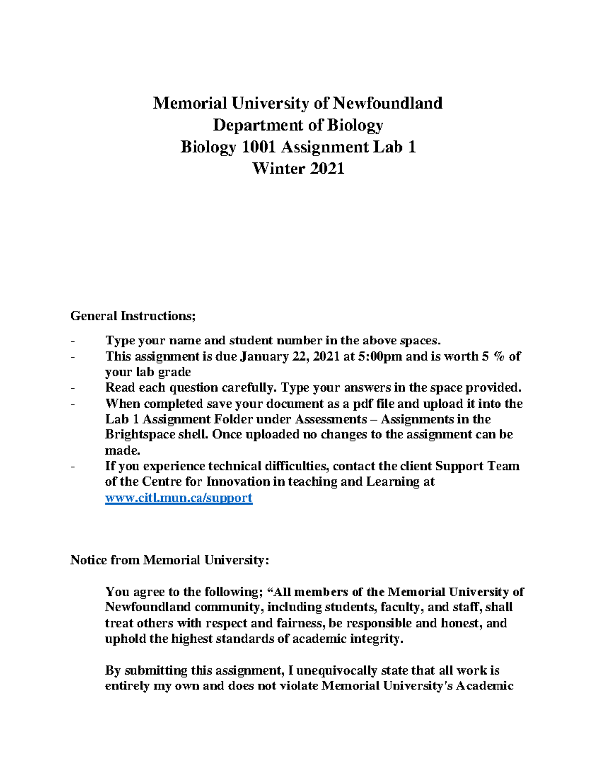 Lab 1 Assignment Winter 2021 Compleated - Memorial University of ...