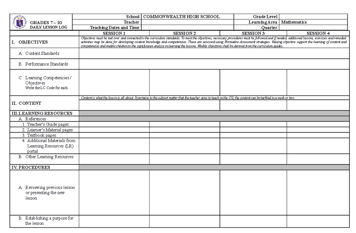 DLL Format - Use as a guide - GRADES 7 – 10 DAILY LESSON LOG School ...