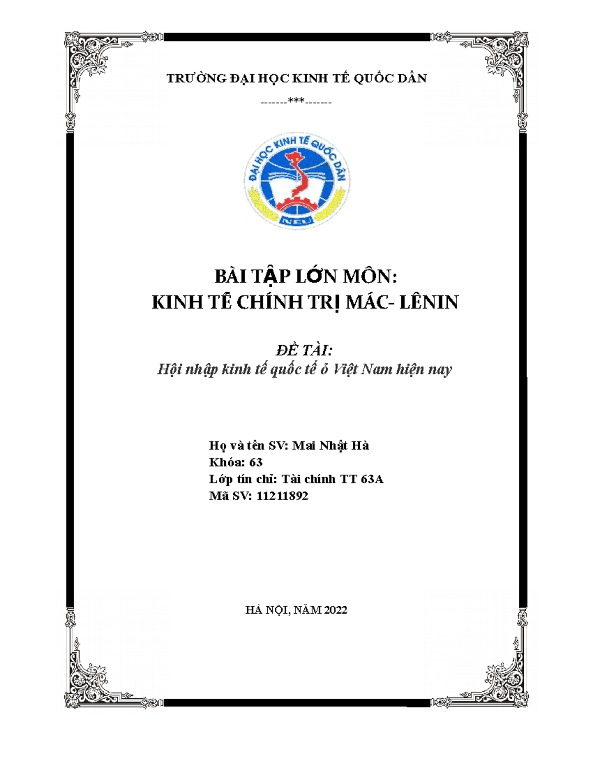 Bài Tập Lớn Ktct Bài Tập Lớn Ktct TrƯỜng ĐẠi HỌc Kinh TẾ QuỐc DÂn