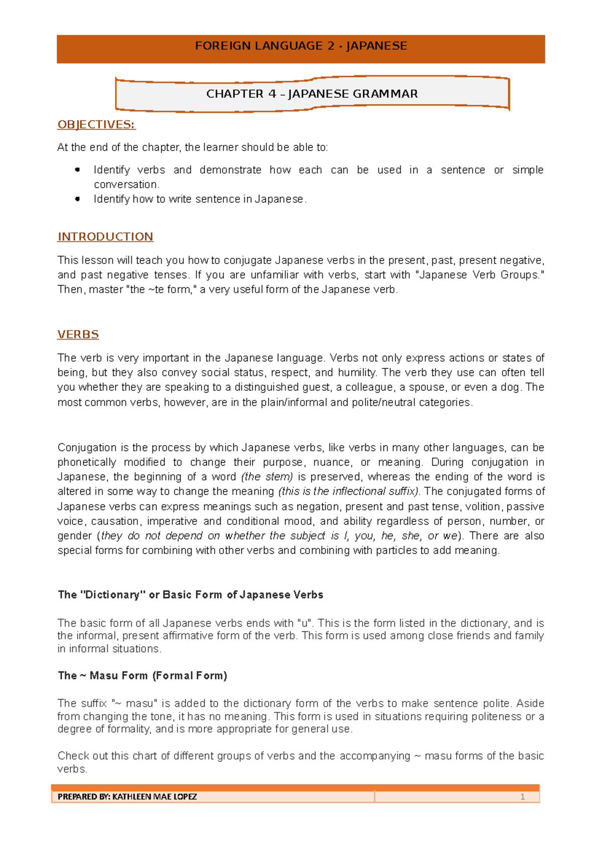 Module 4 - Foreign Language Nihongo / Japanese - OBJECTIVES: At the end of the chapter, the ...