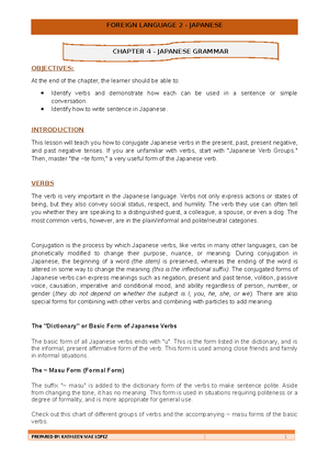 Module 1 - Foreign Language Nihongo / Japanese - OBJECTIVES: At the end ...