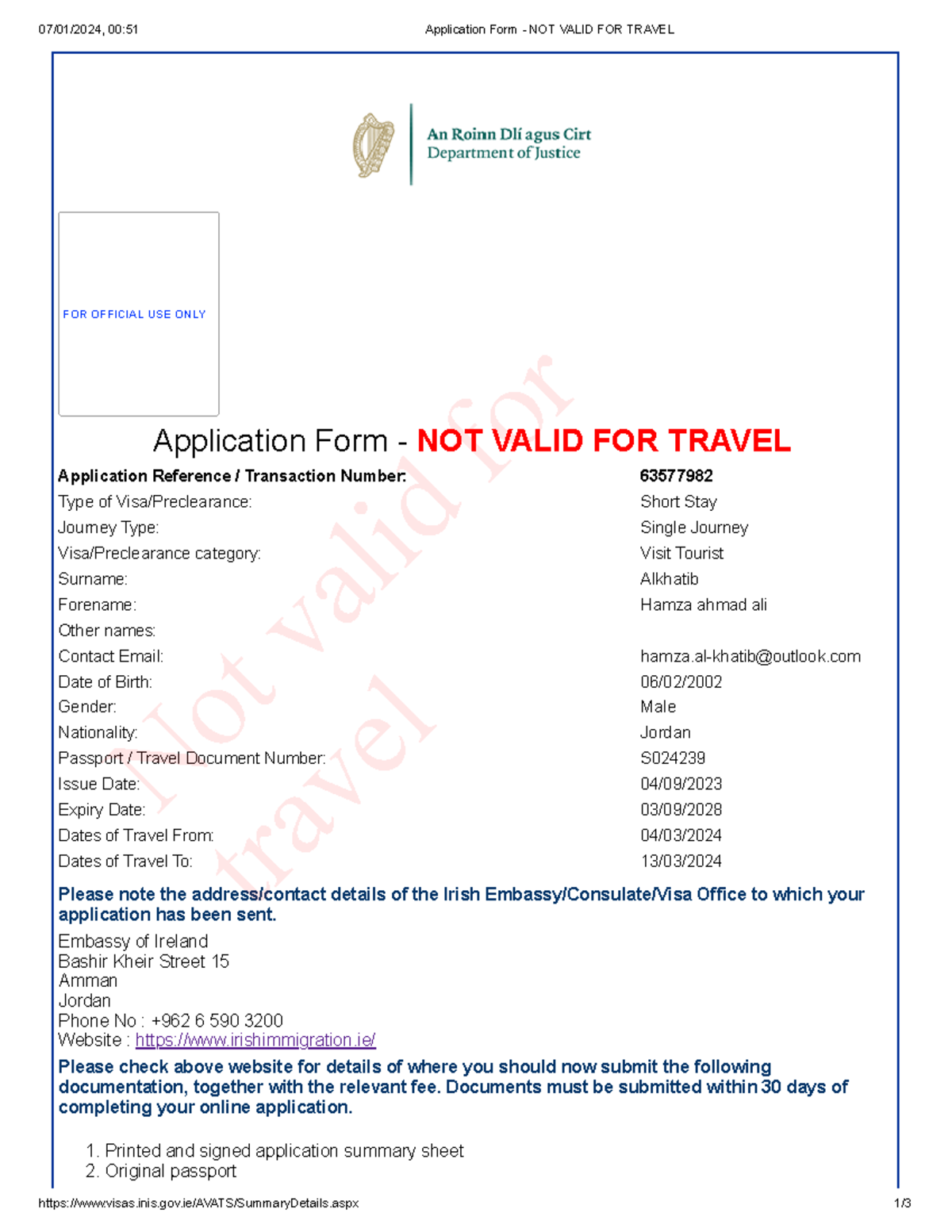 Hamza Application Form - NOT Valid FOR Travel - 07/01/2024, 00:51 Application Form - NOT VALID ...