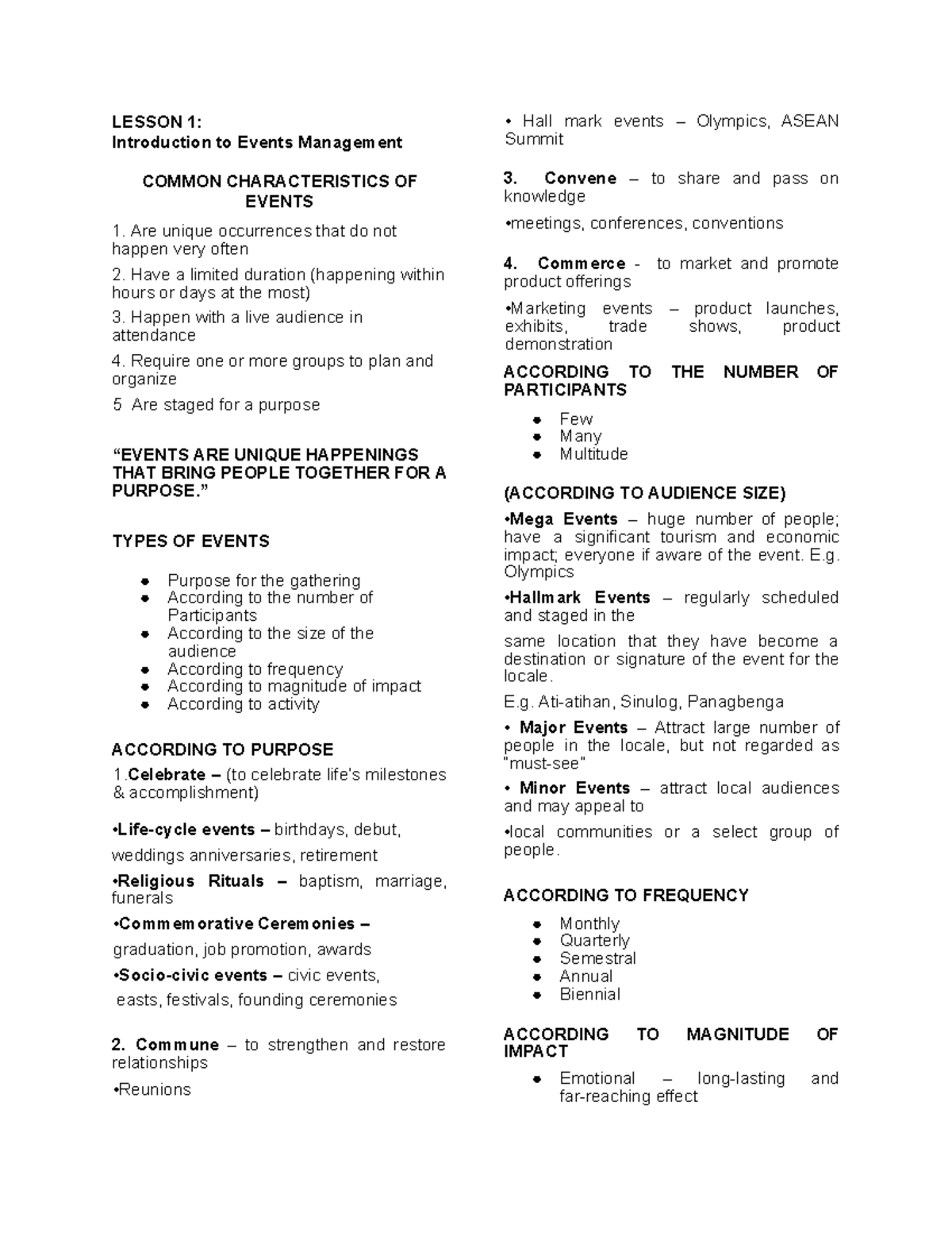 MICE- Reviewer - LESSON 1: Introduction to Events Management COMMON ...