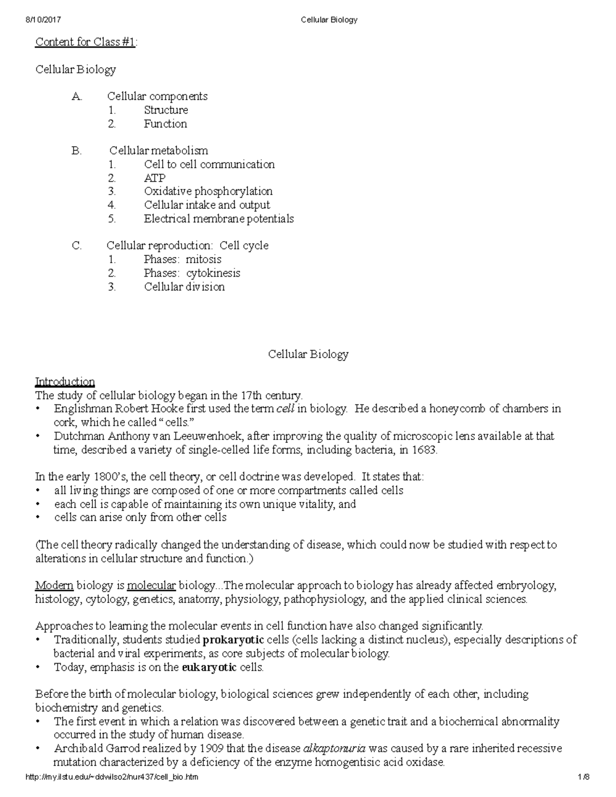 Cellular Biology - Content for Class #1: Cellular Biology A. Cellular ...
