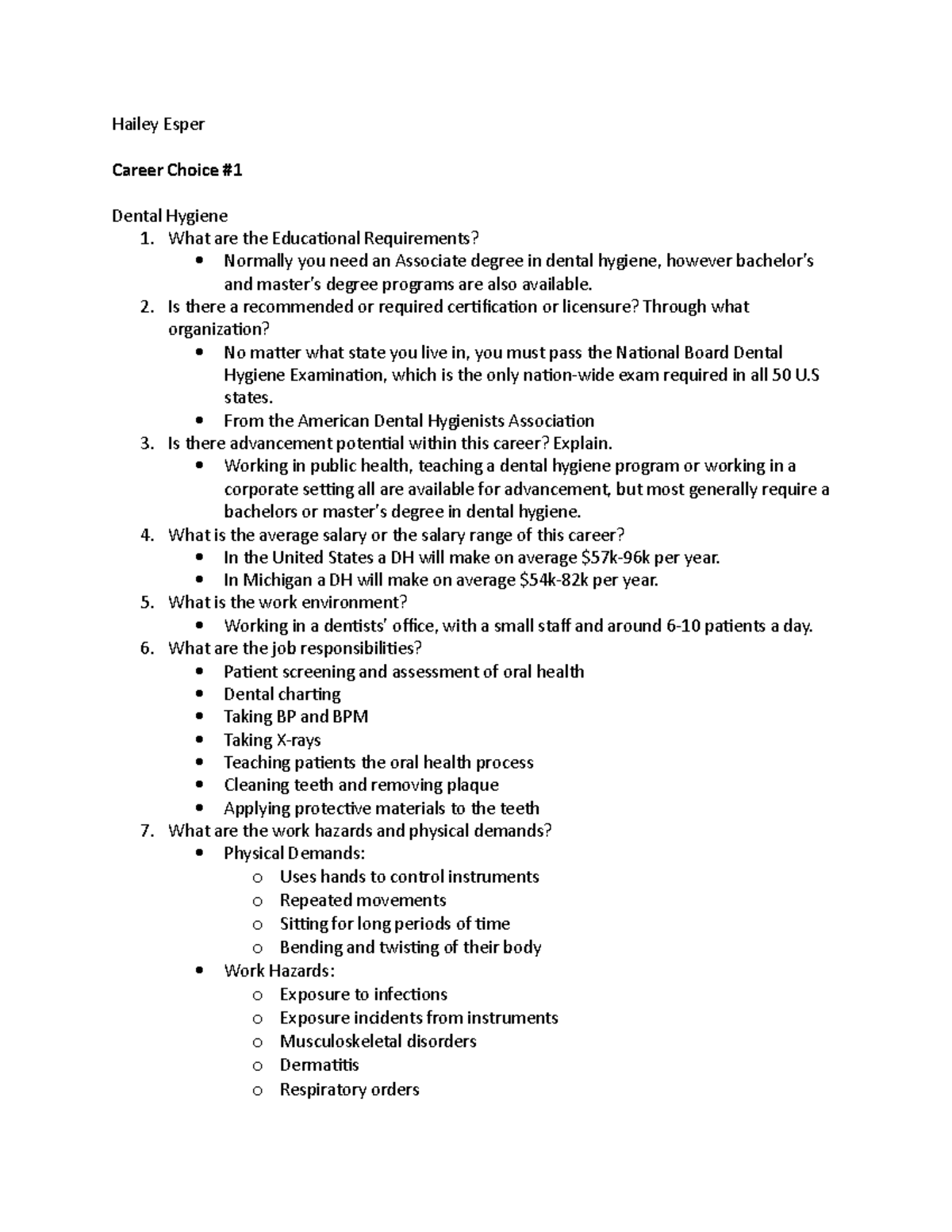 Career Investigation Profile - Hailey Esper Career Choice Dental ...