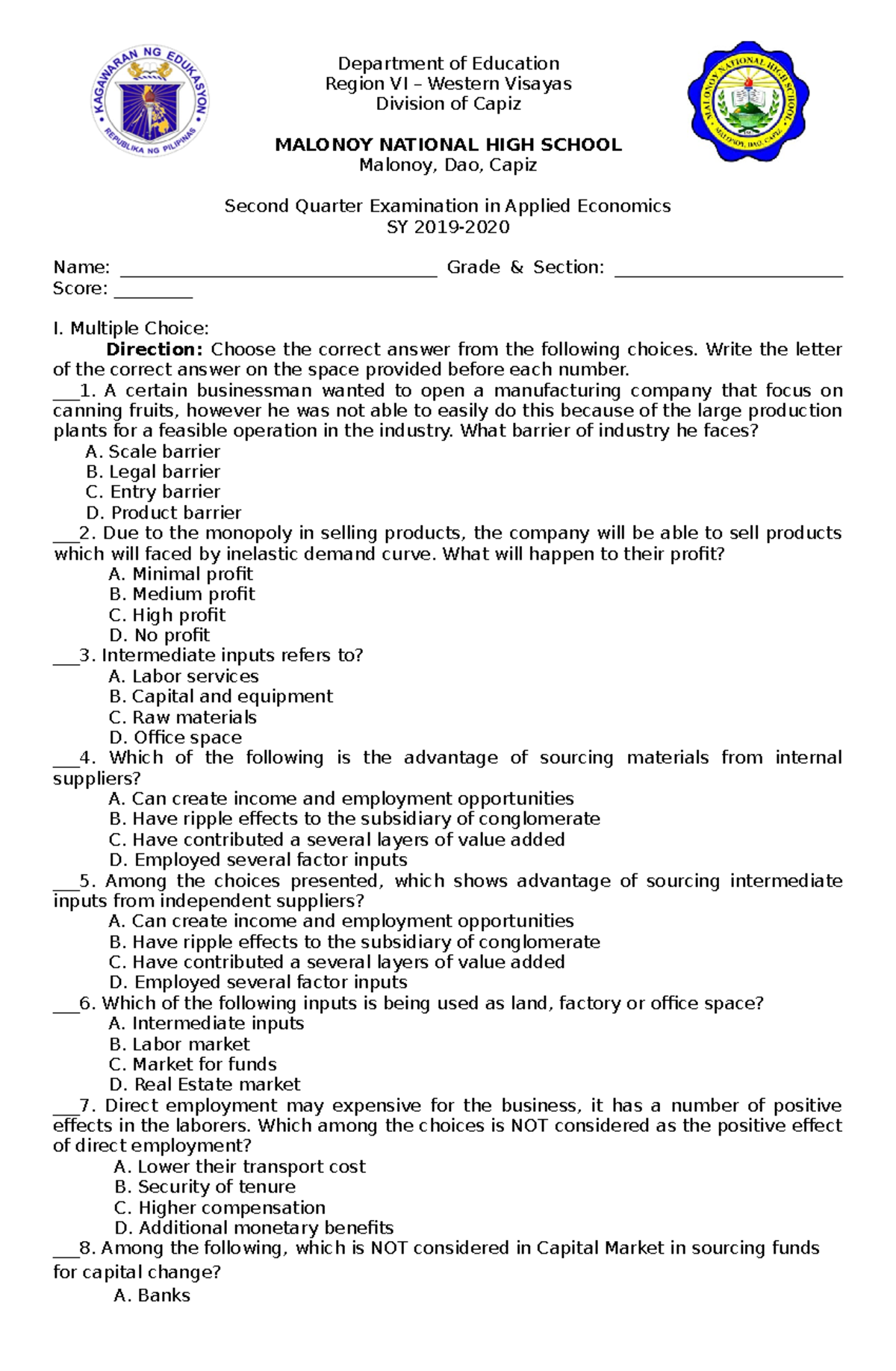Final Exam (Applied Economics )Set A - Department of Education Region ...