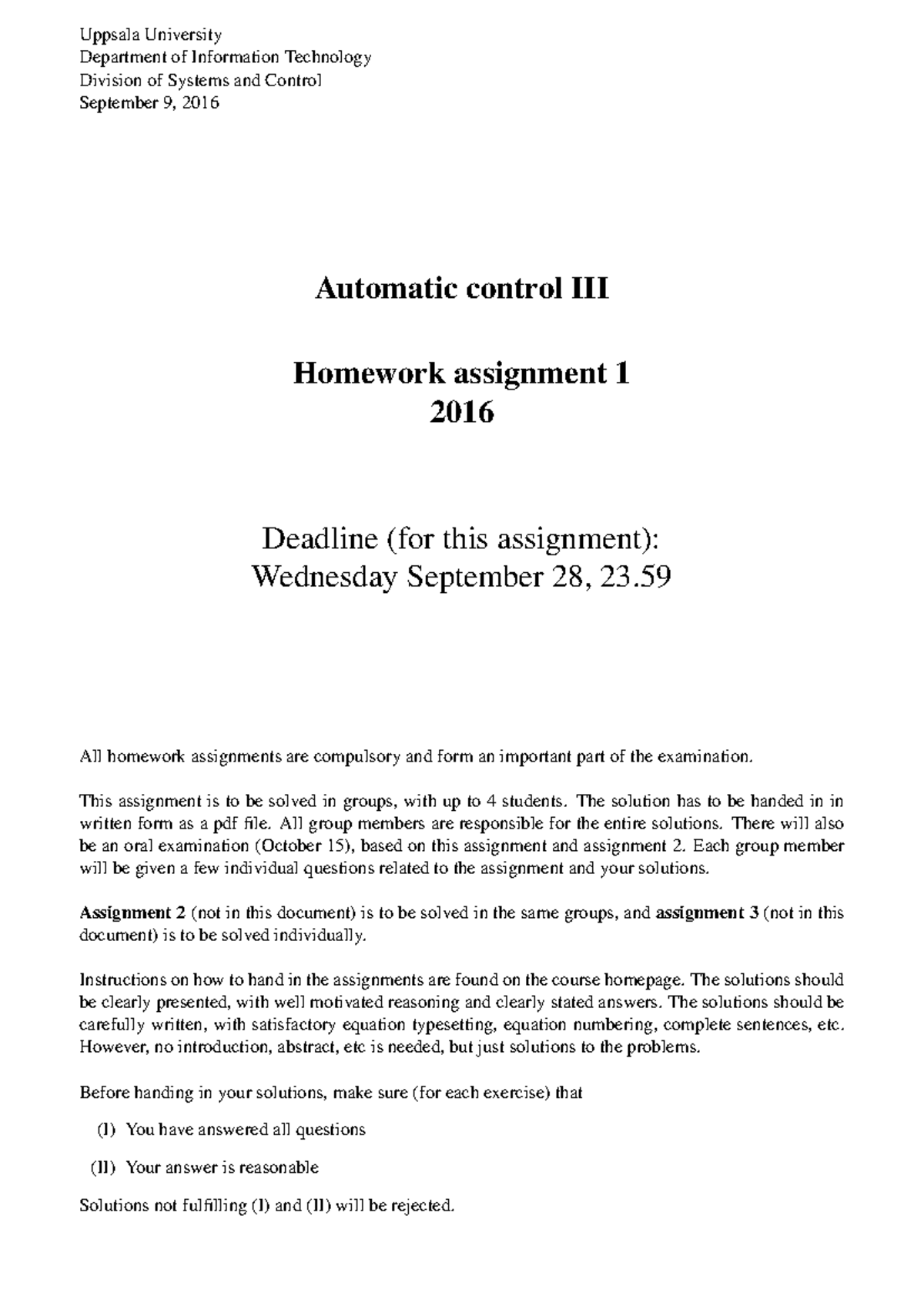 Assignments 1-2 Automatic Control III - Uppsala University Department ...