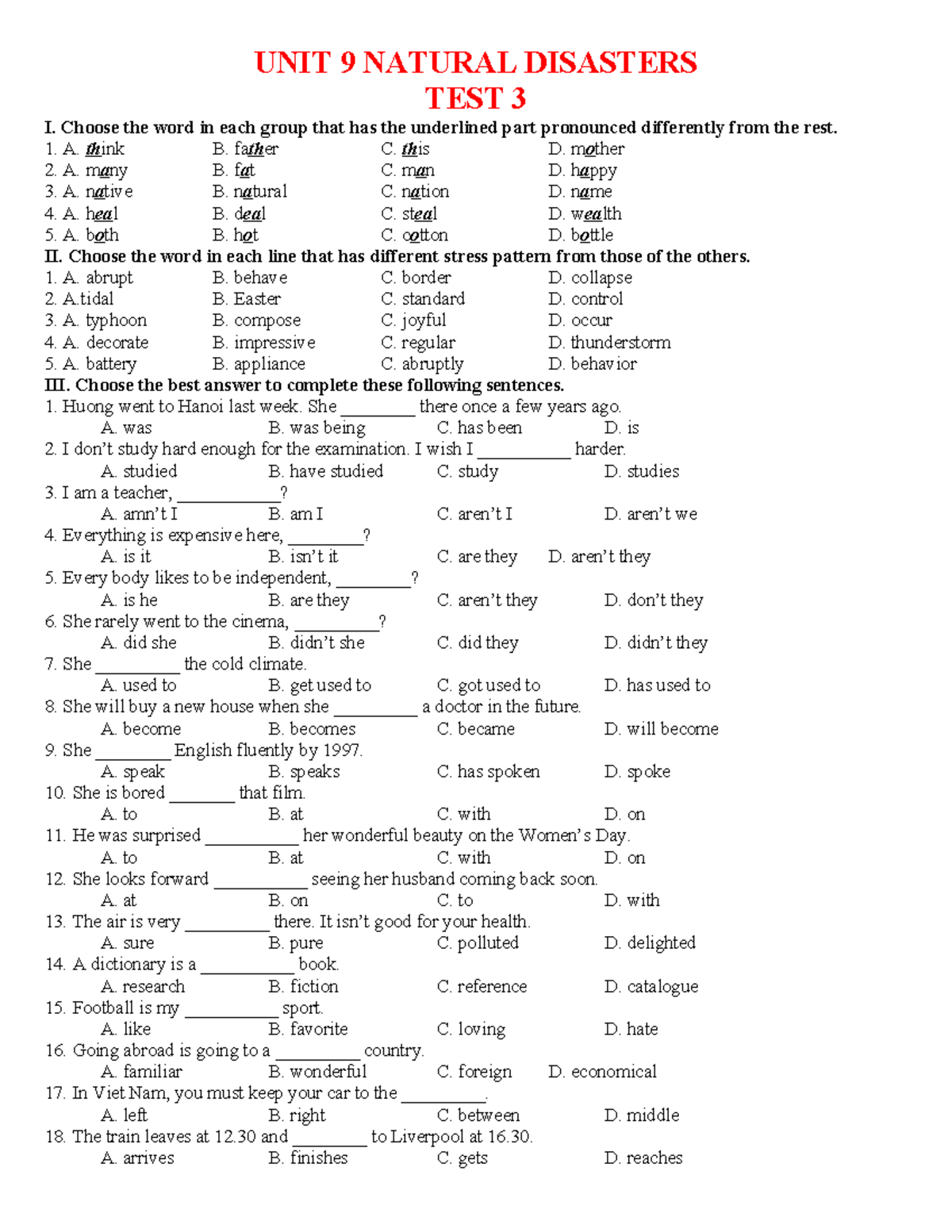 English 9 UNIT 9 Natural Disasters TEST 3 - UNIT 9 NATURAL DISASTERS ...
