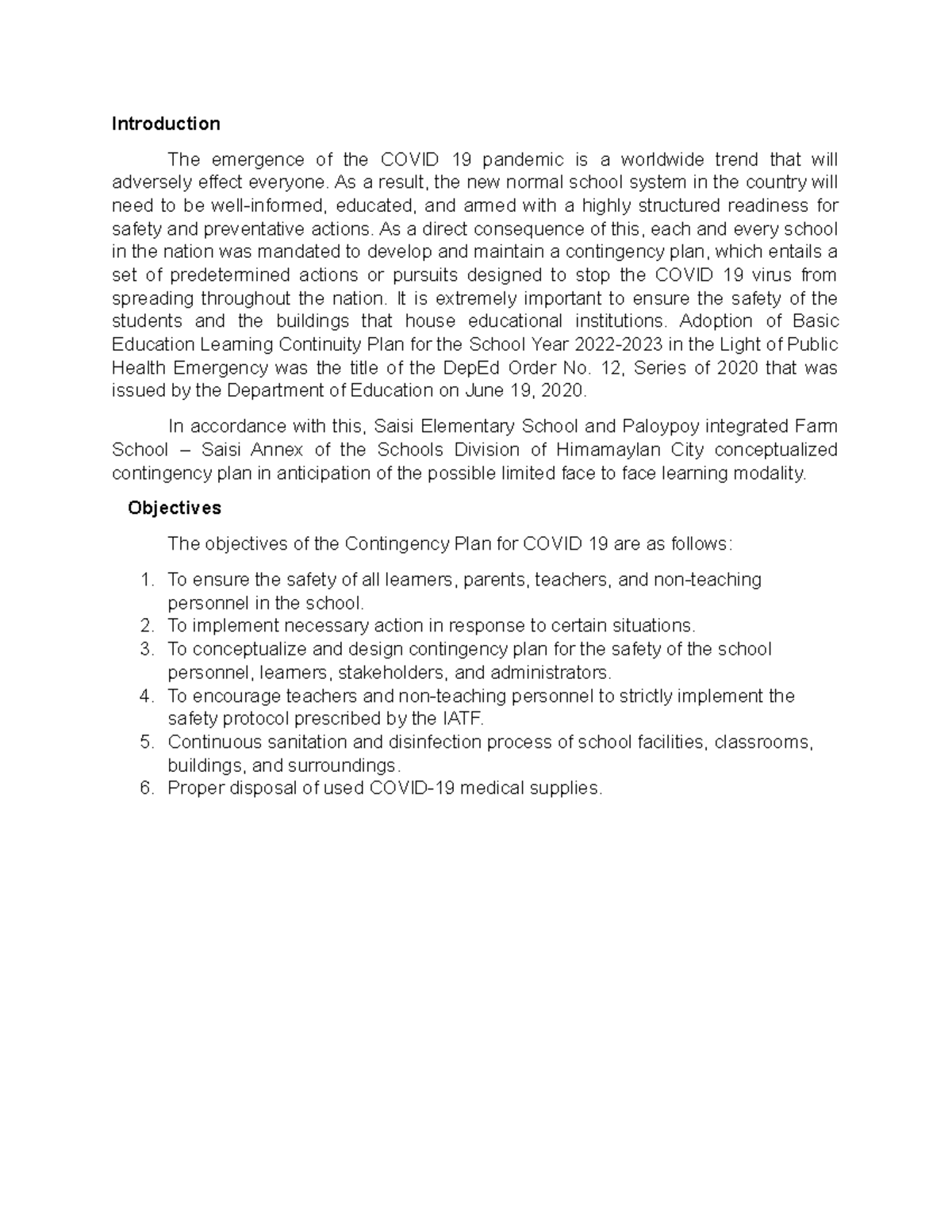 Contingency PLAN - Introduction The emergence of the COVID 19 pandemic ...