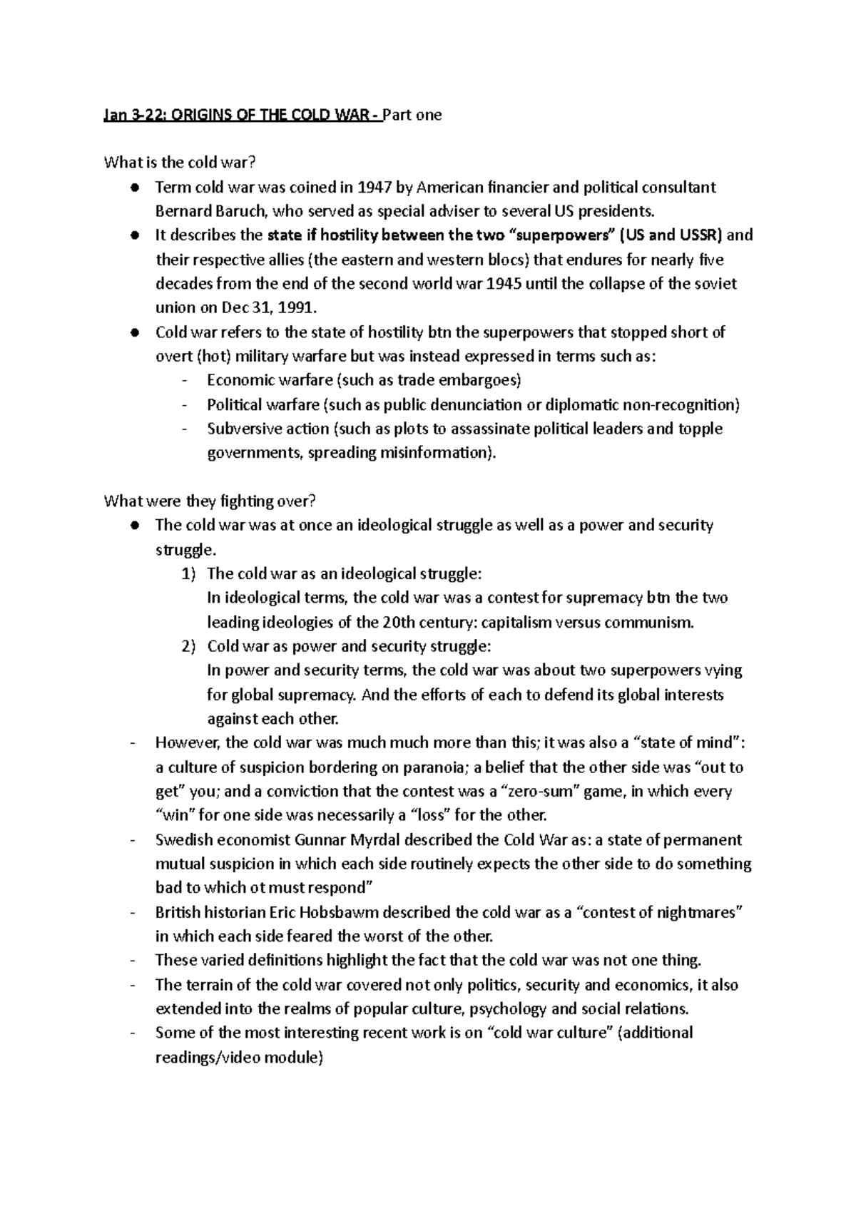 Hist 103 notes - Jan 3-22: ORIGINS OF THE COLD WAR - Part one What is ...