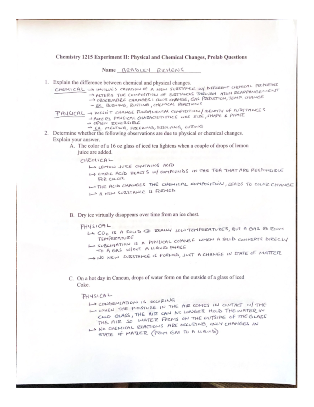 Chemistry 1215 Experiment II Physical and Chemical Changes, Prelab ...