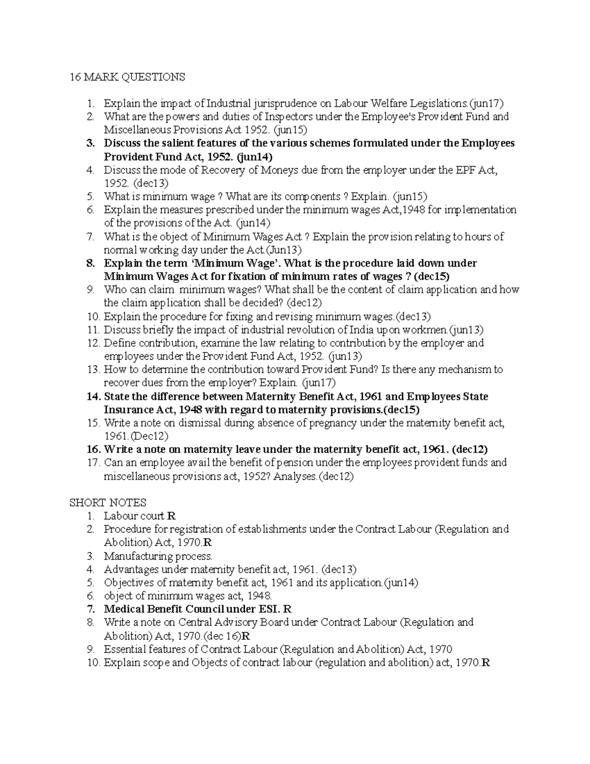 LL2 Questions[ 5947] - Important Questions on Labour law - 16 MARK ...