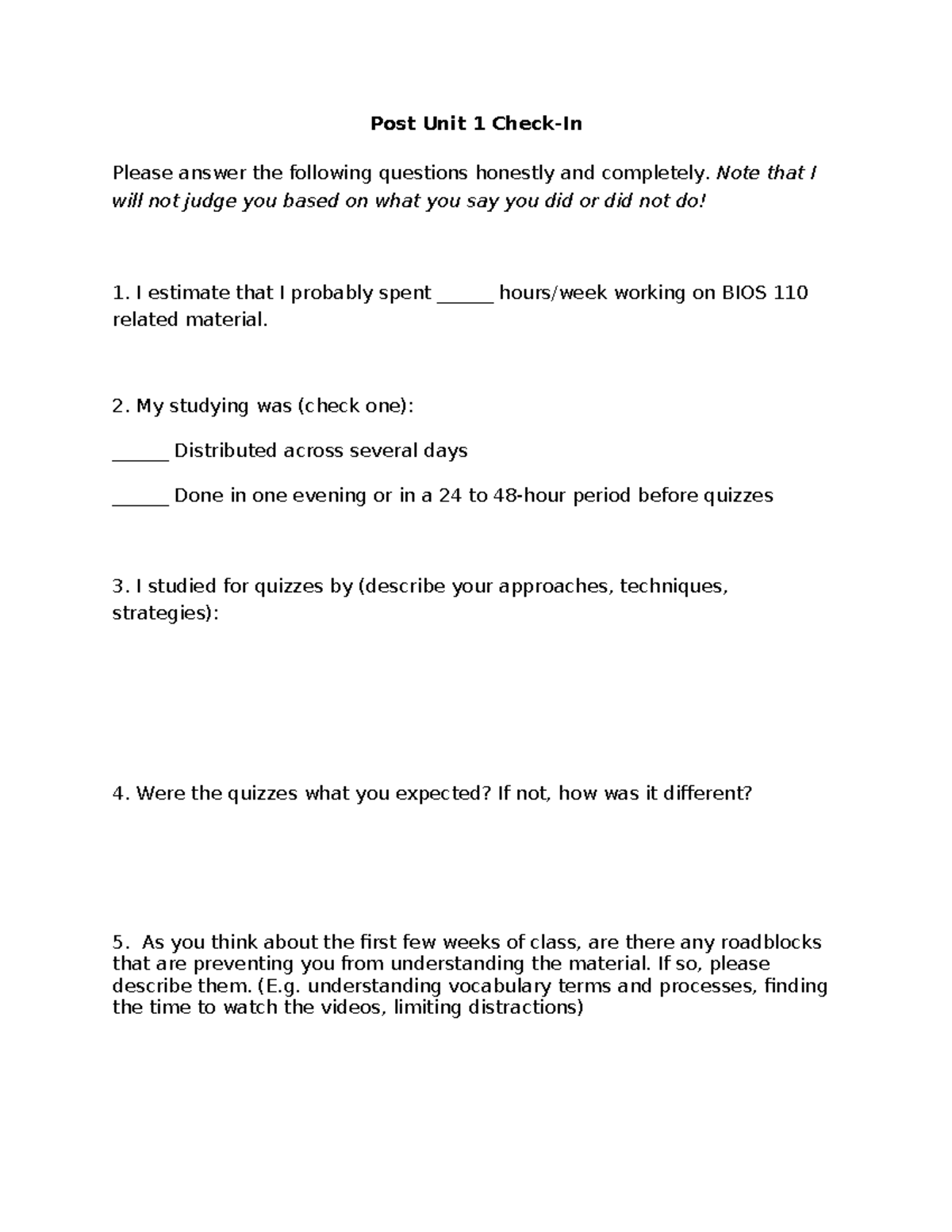 Post Unit 1 Check - Yeah - Post Unit 1 Check-In Please answer the ...